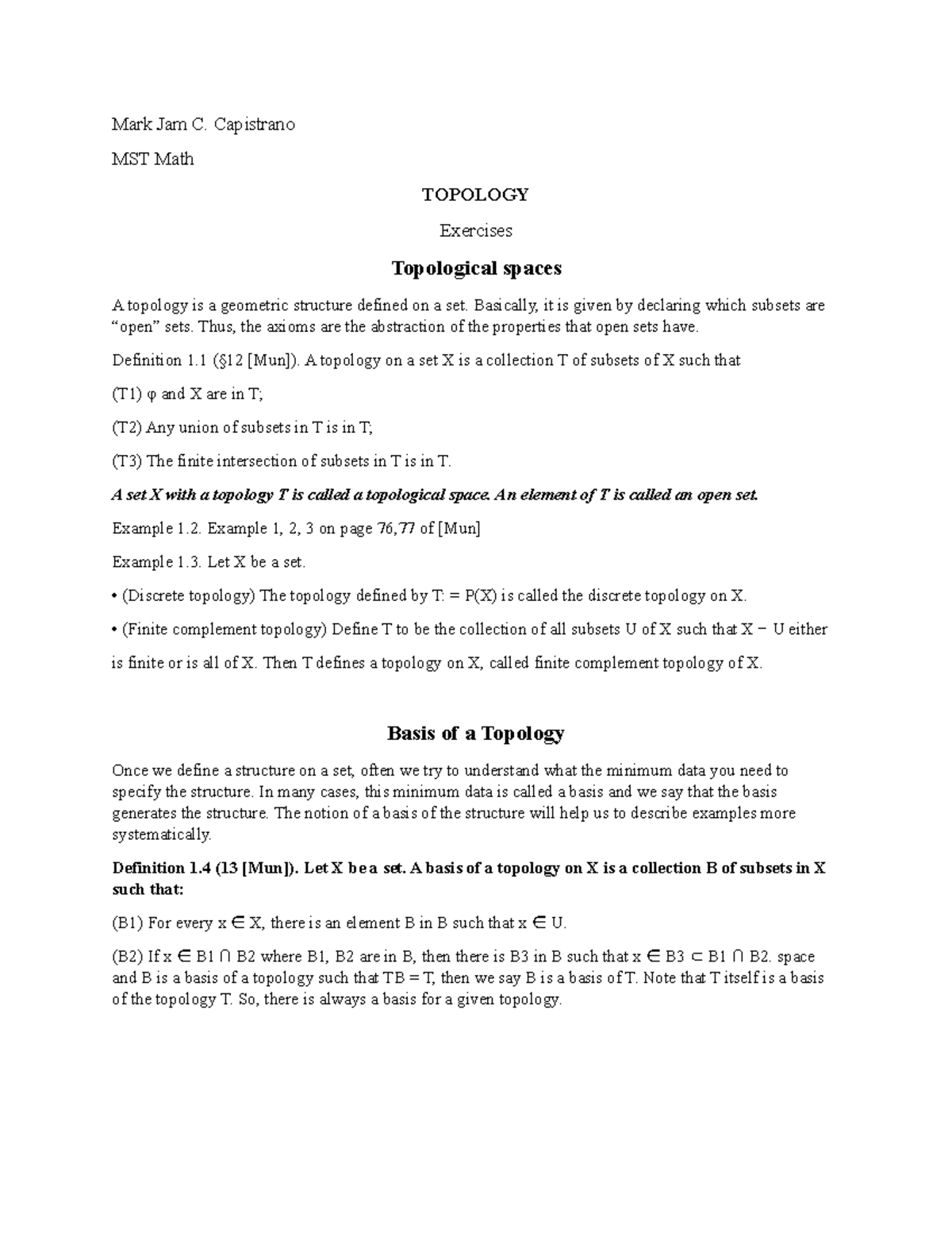 Exercises in Math Analysis - Mark Jam C. Capistrano MST Math TOPOLOGY ...