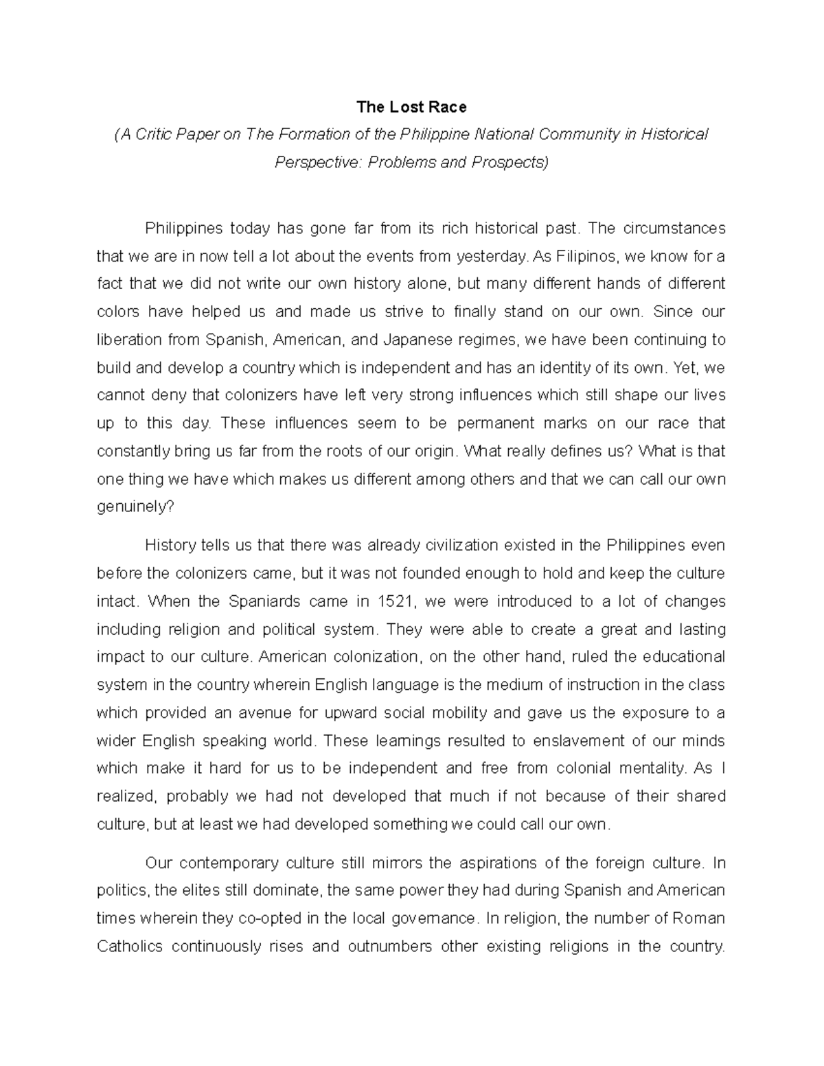 Critic Paper on The Formation of the Philippine National Community in ...