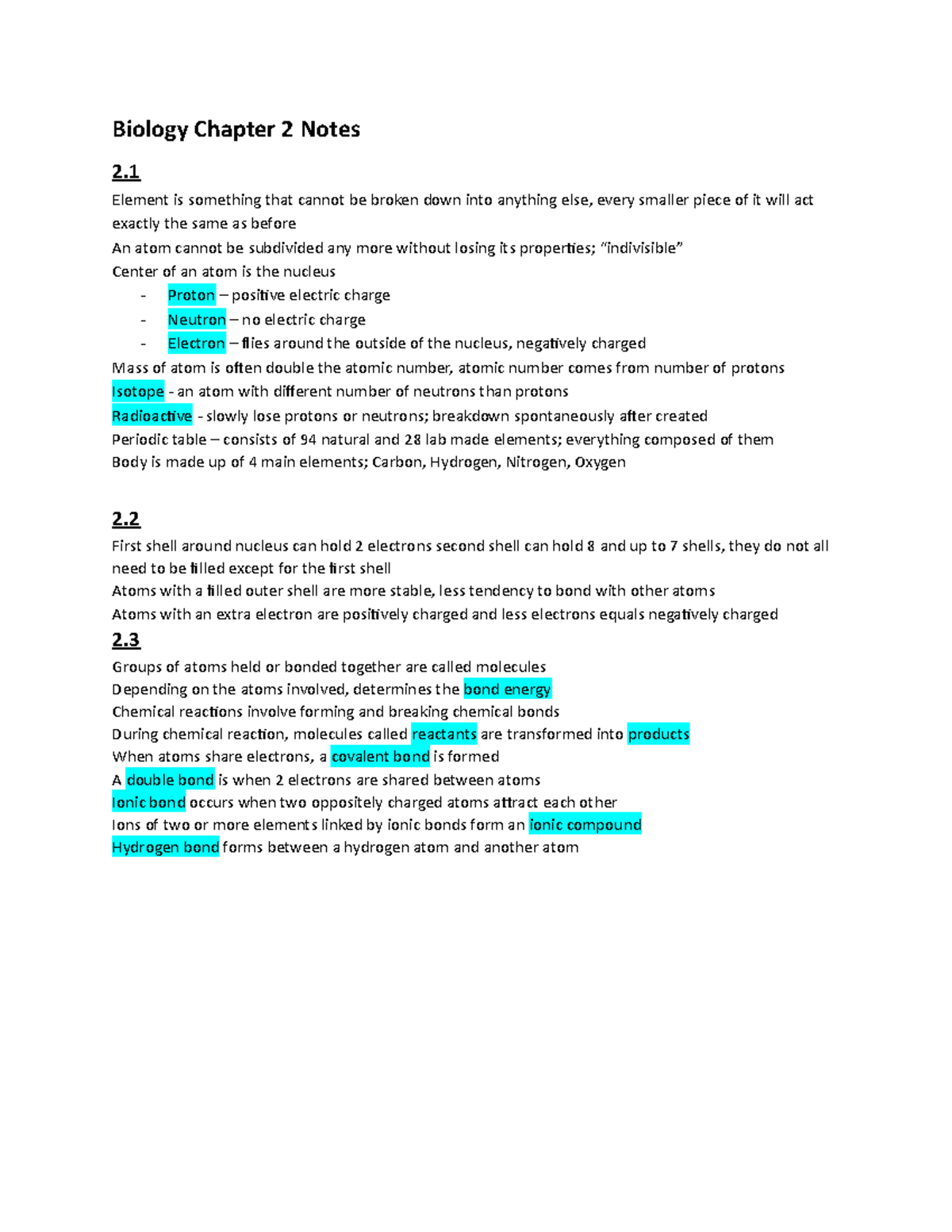 Biology Chapter 2 Notes - Biology Chapter 2 Notes 2. Element is ...
