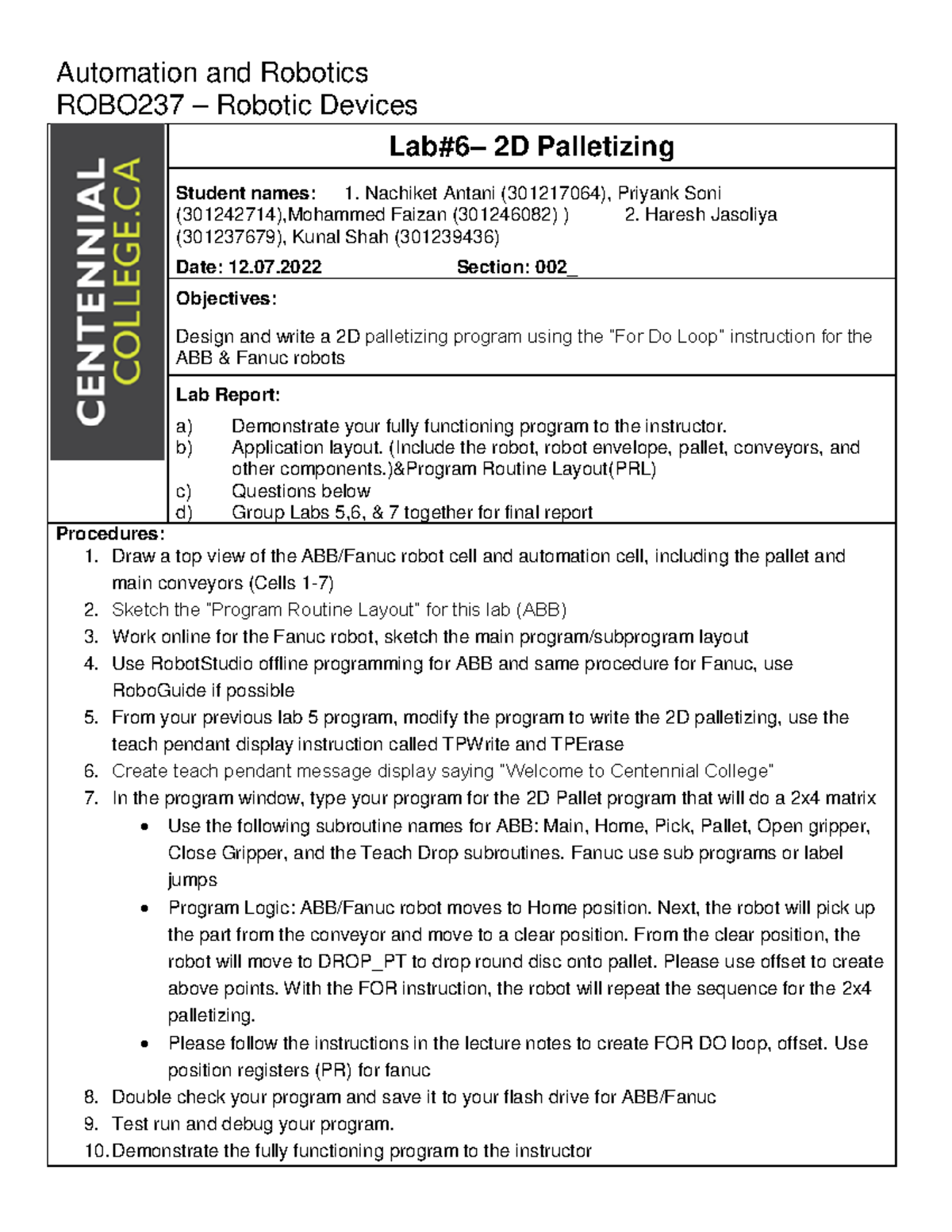 LAB6 Report ROBO237 2 Dpallet - Automation and Robotics ROBO237 ...