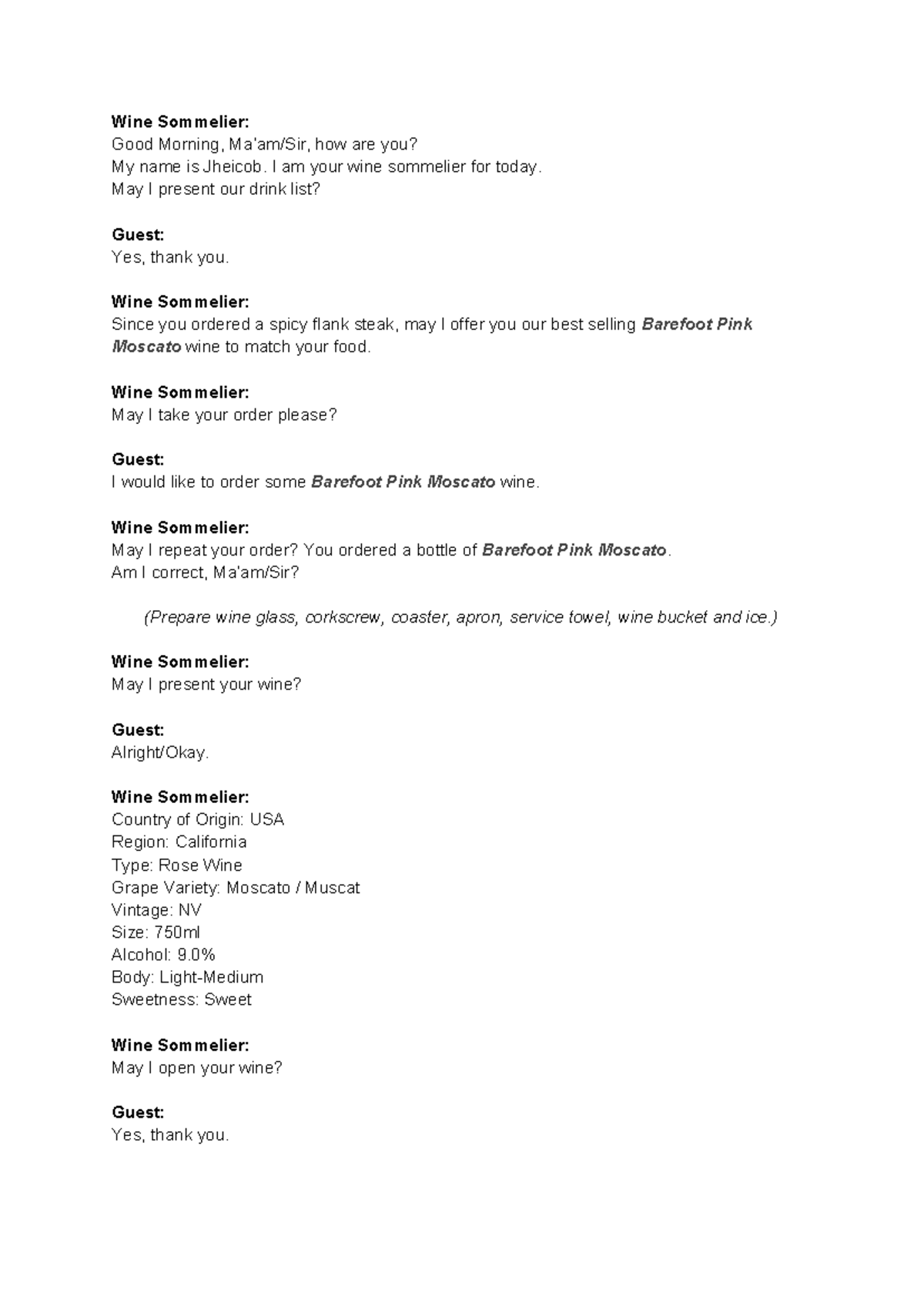 Wine Serving Presentation Script - Wine Sommelier: Good Morning, Ma’am ...