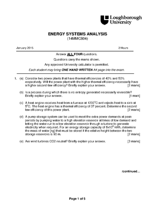Energy Systems Analysis Exam questions - ENERGY SYSTEMS ANALYSIS ...