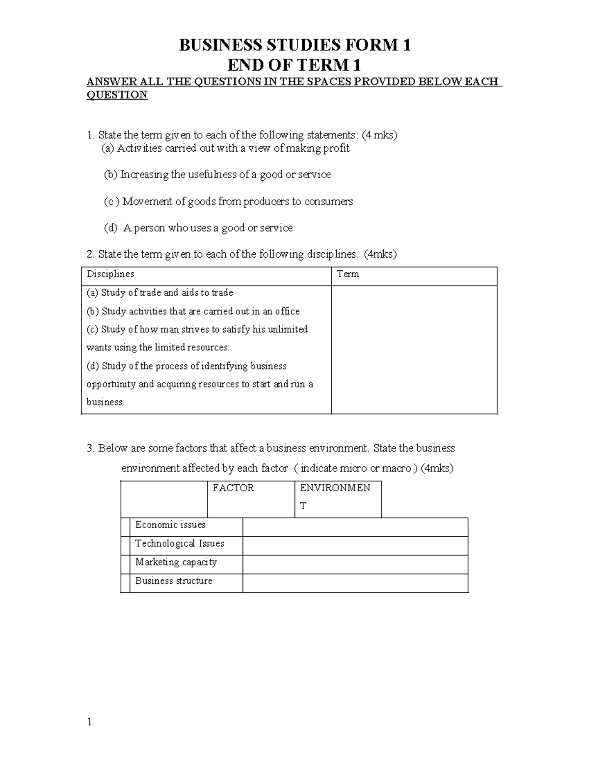 Business Studies FORM 1 - BUSINESS STUDIES FORM 1 END OF TERM 1 ANSWER ...