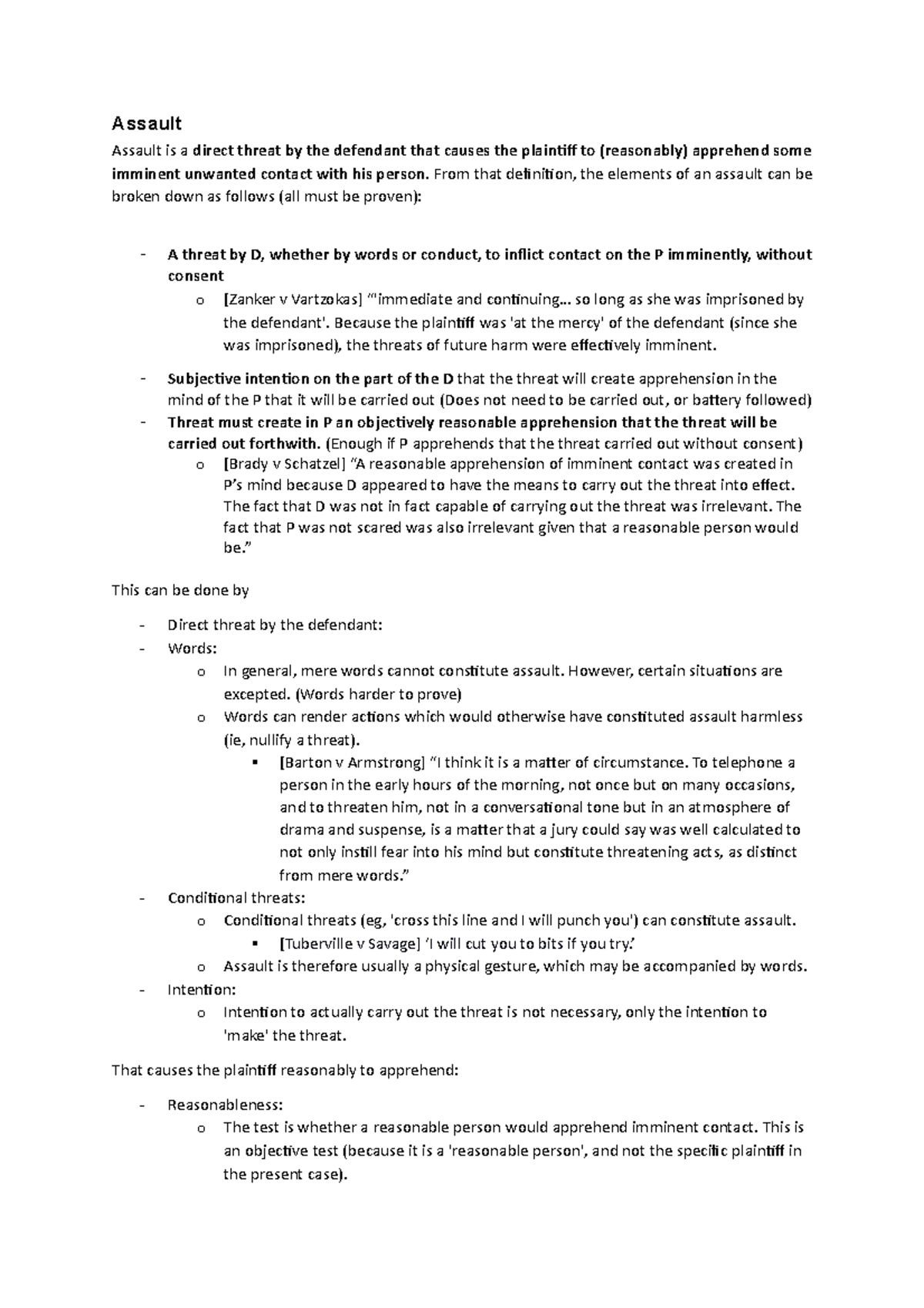 Torts-Cheat-Sheet ( Problem Solving) - Assault Assault is a direct ...