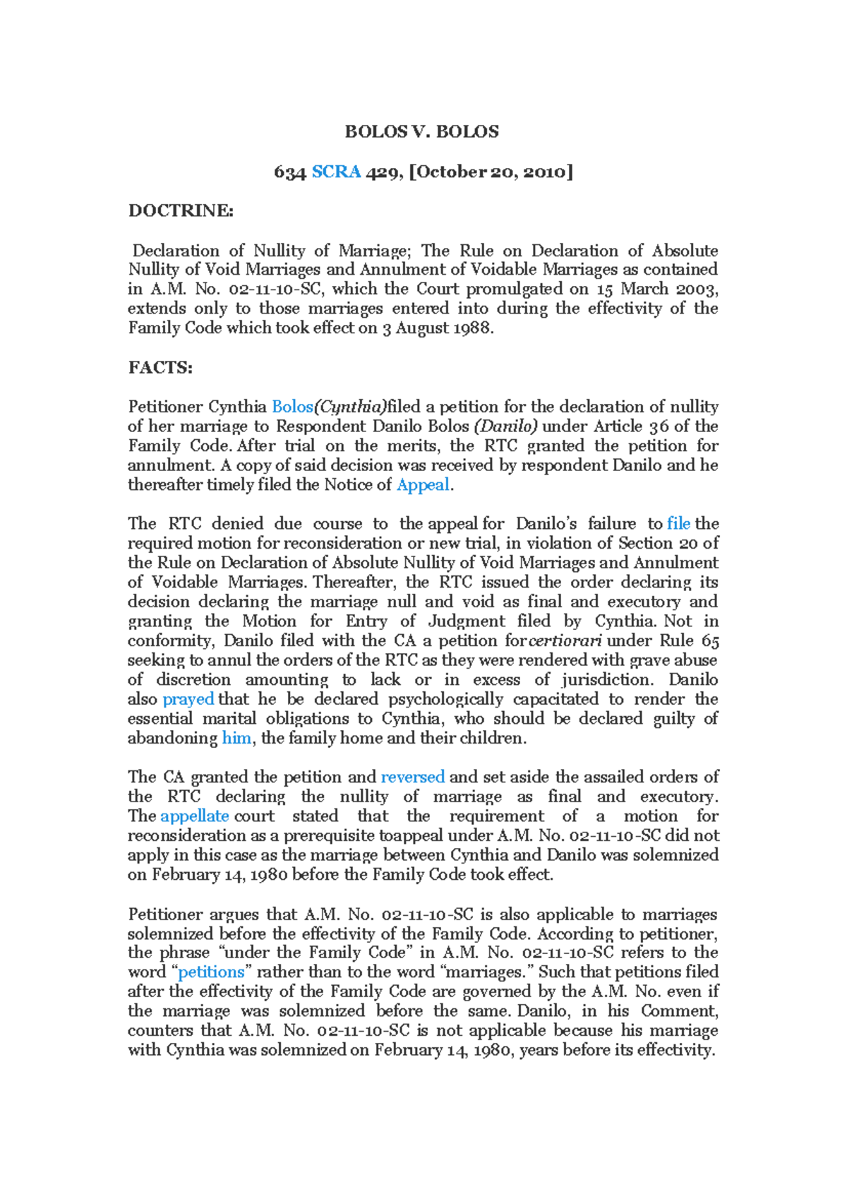 G.R. No. 186400 Bolos VSBolos - BOLOS V. BOLOS 634 SCRA 429, [October ...