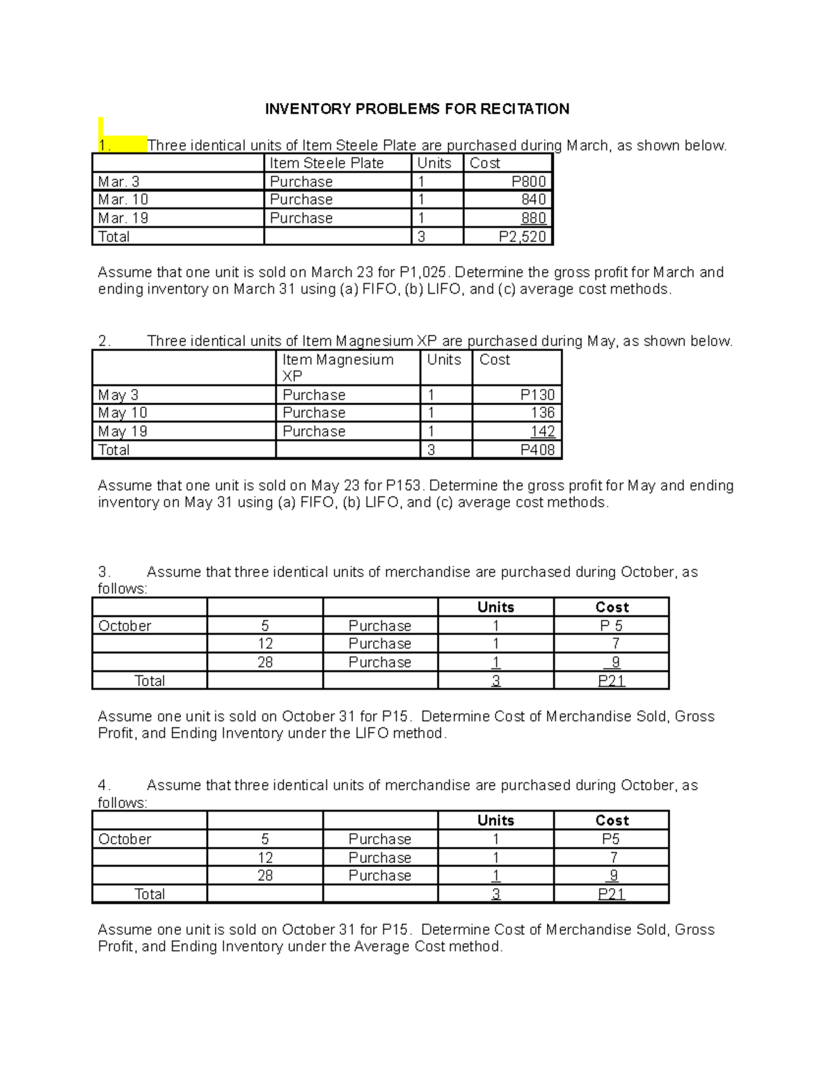 Inventory Problems FOR Recitation BSA - INVENTORY PROBLEMS FOR ...