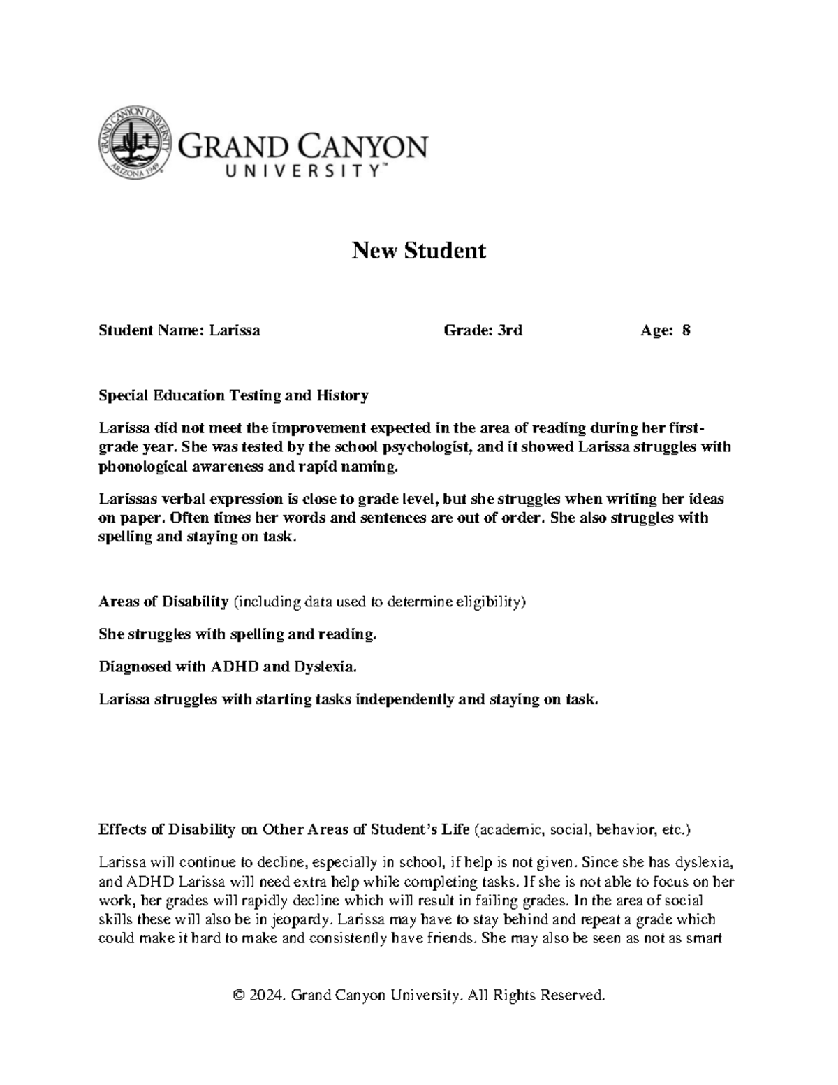 SPD-208 RS T6 New Student - New Student Student Name: Larissa Grade ...