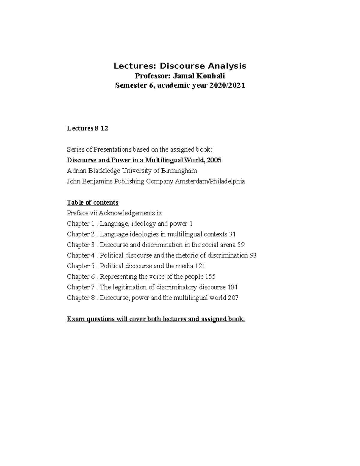 8 M33 S6P2, Discourse Analysis, Lectures 8-12, Pr. Koubali - Lectures: Discourse Analysis ...