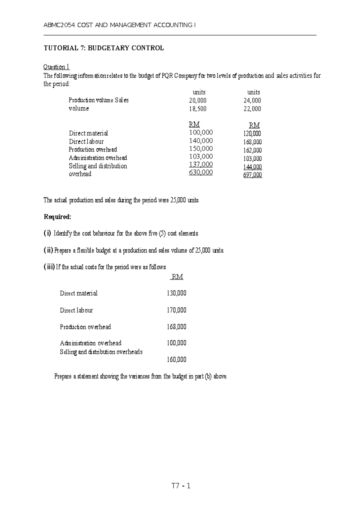 Tutorial 7 Budget 14 2019 - TUTORIAL 7: BUDGETARY CONTROL Question 1 ...
