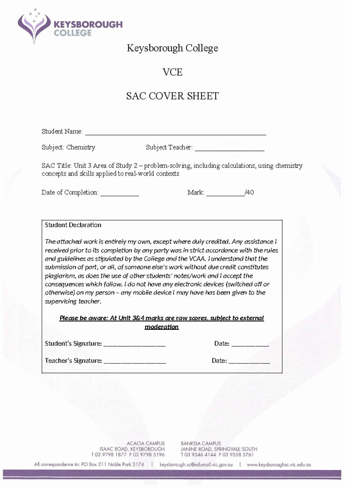 3 4 Chem AOS2 SAC - summary - Keysborough College VCE SAC COVER SHEET ...