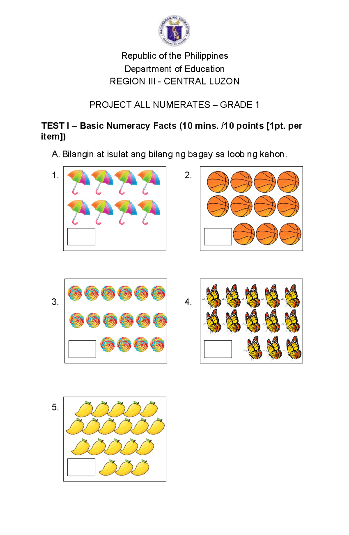 Grade 1 Project AN Assessment TOOL POST TEST Tagalog - Republic of the ...