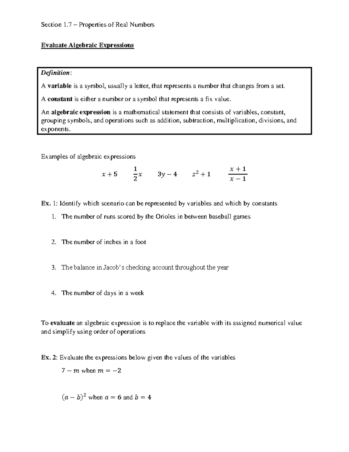 Section 1 7 Properties Of Real Numbers Evaluate Algebraic