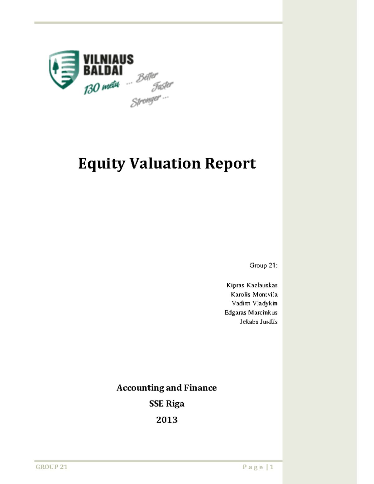 Sample report for Investment Game Vilnius Baldai - Equity Valuation ...