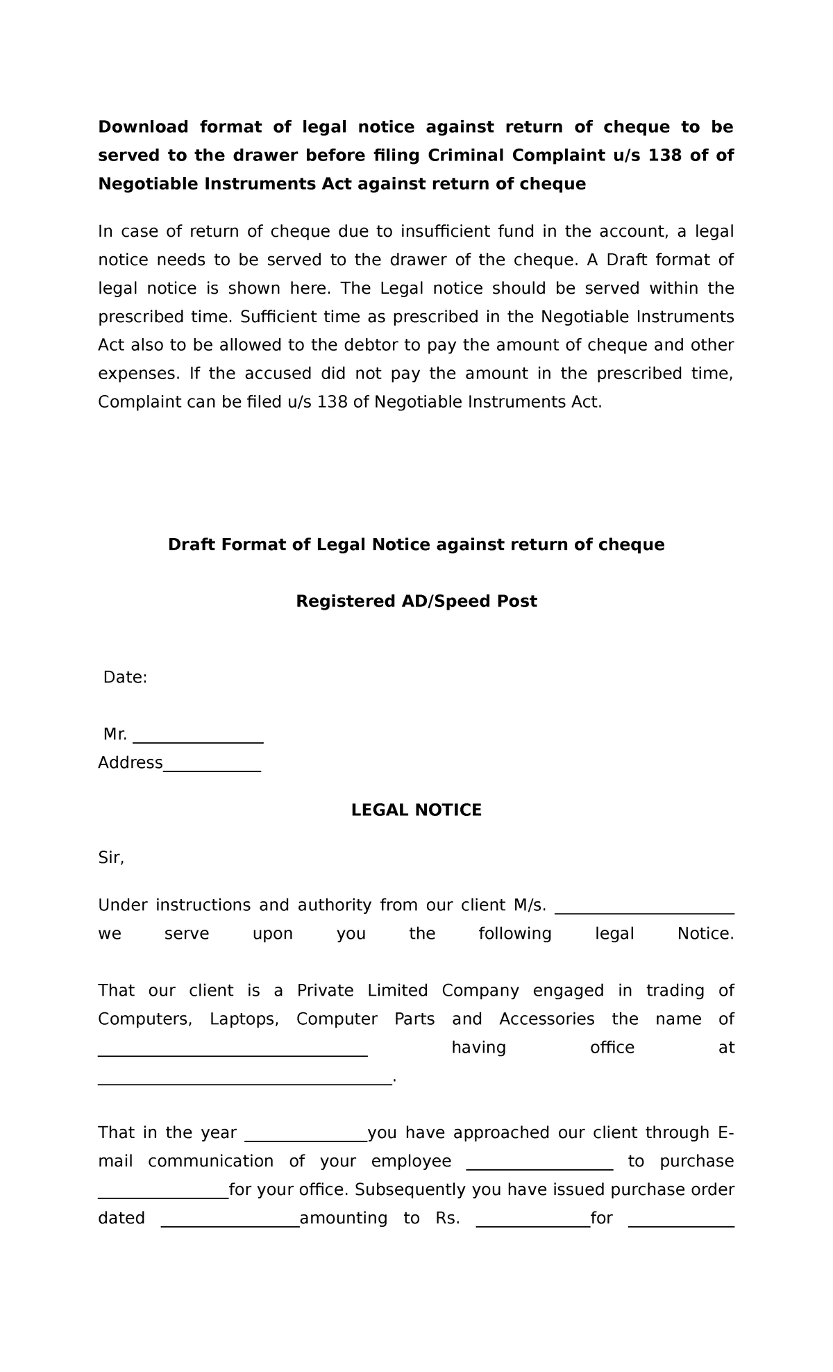 Section 138 Of Negotiable Instruments Act Download Format Of Legal