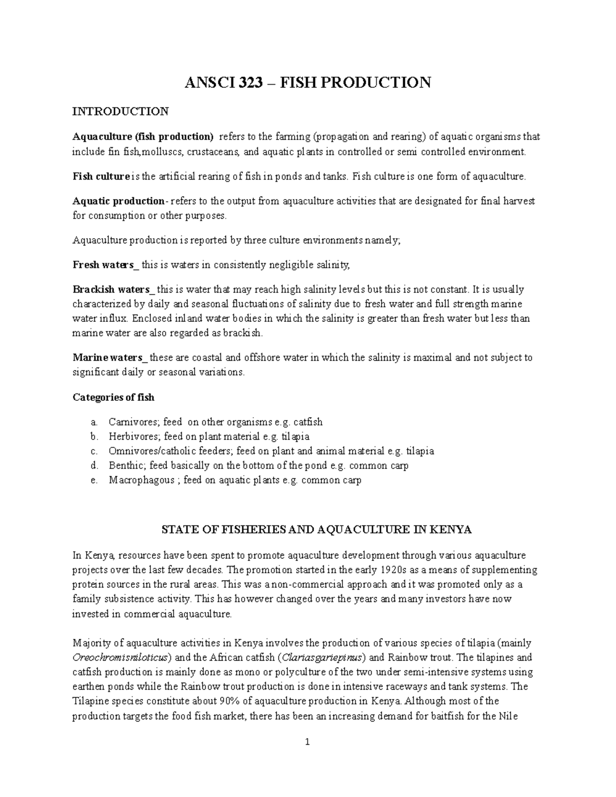 Ansci 323 FISH Production (Autosaved)-1 - ANSCI 323 – FISH PRODUCTION ...