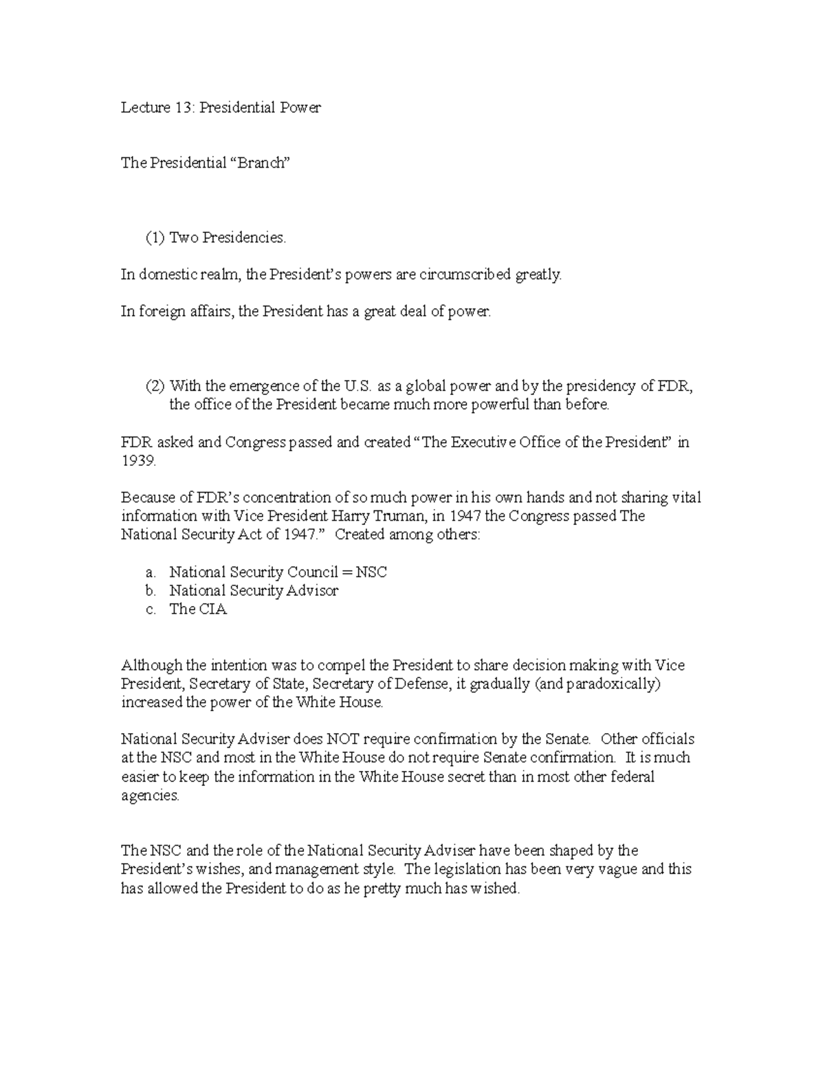 Lecture%2013 %20Presidential%20Power - Lecture 13: Presidential Power ...