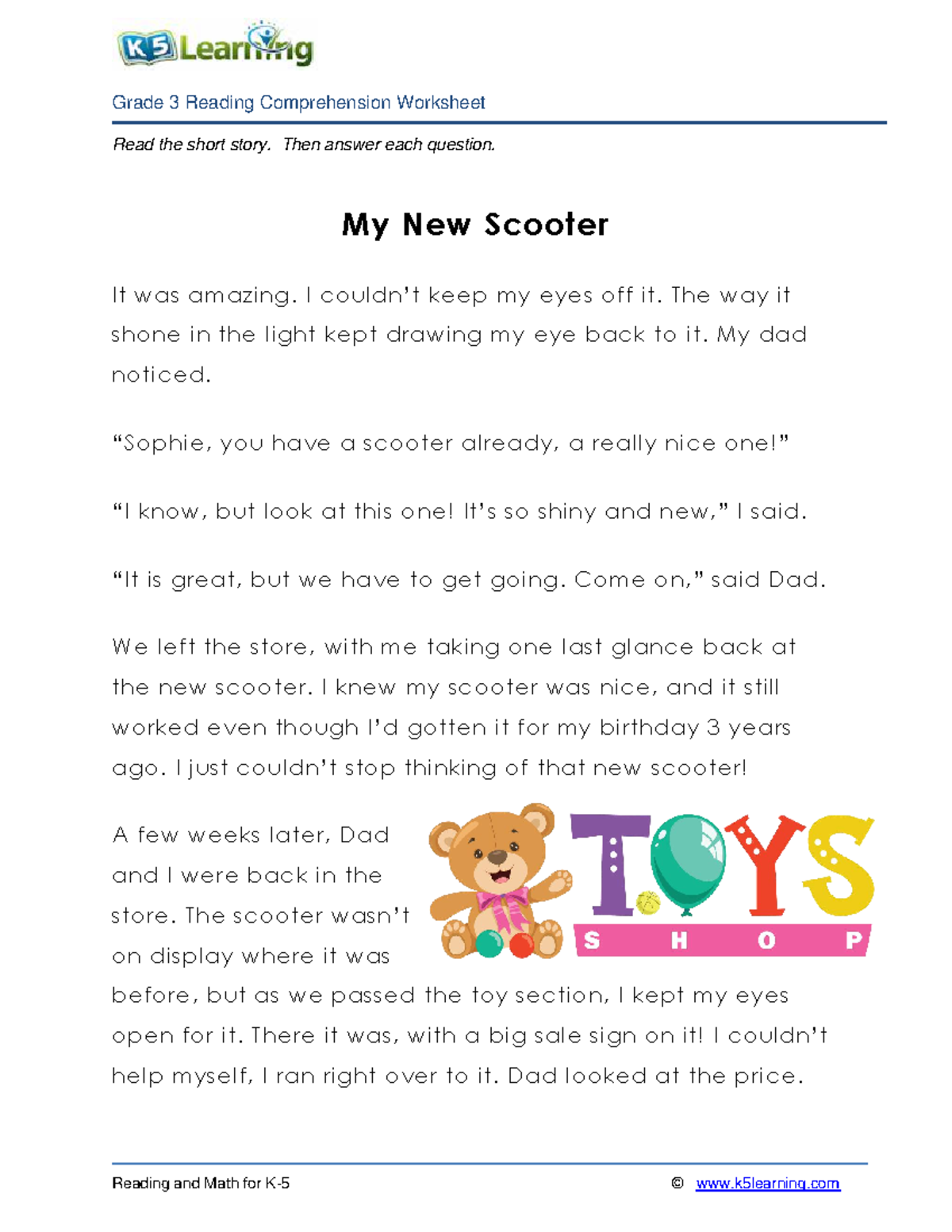 3rd grade 3 reading scooter - Read the short story. Then answer each ...