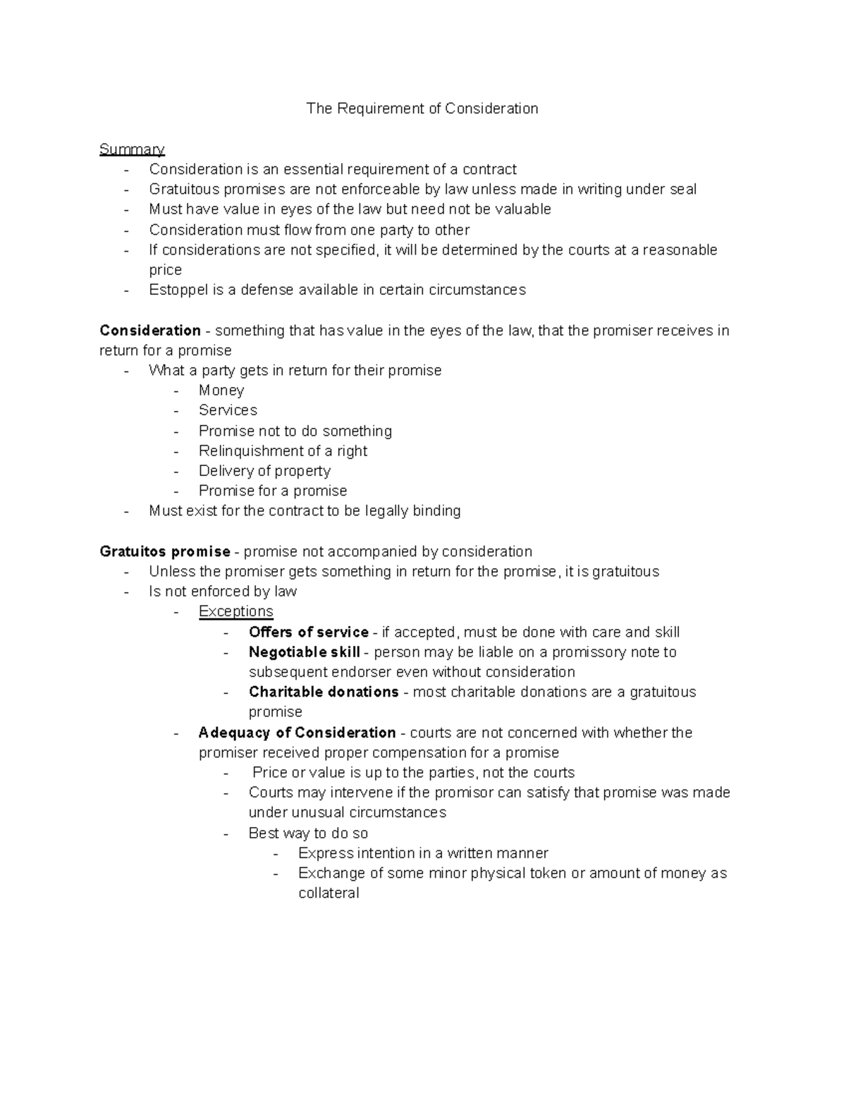 2610 chapter 8 consideration - The Requirement of Consideration Summary ...