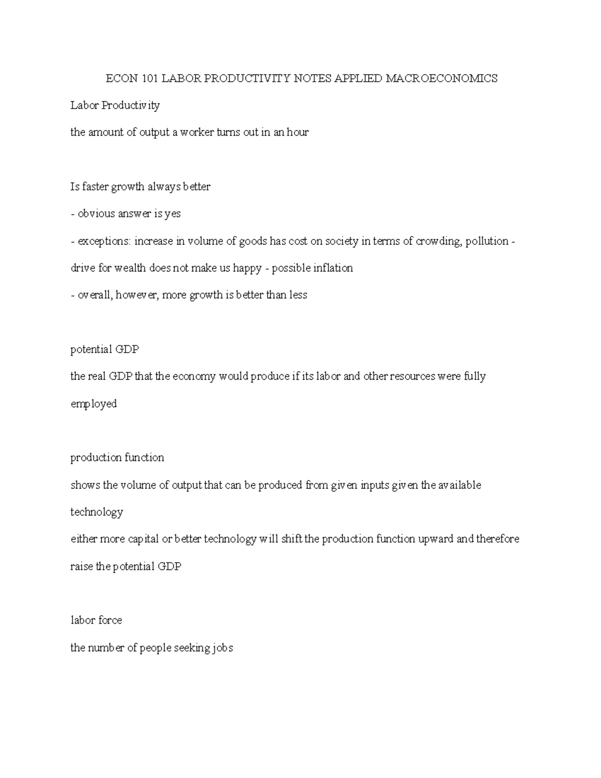 ECON 101 Labor Productivity Notes Applied Macroeconomics - ECON 101 ...