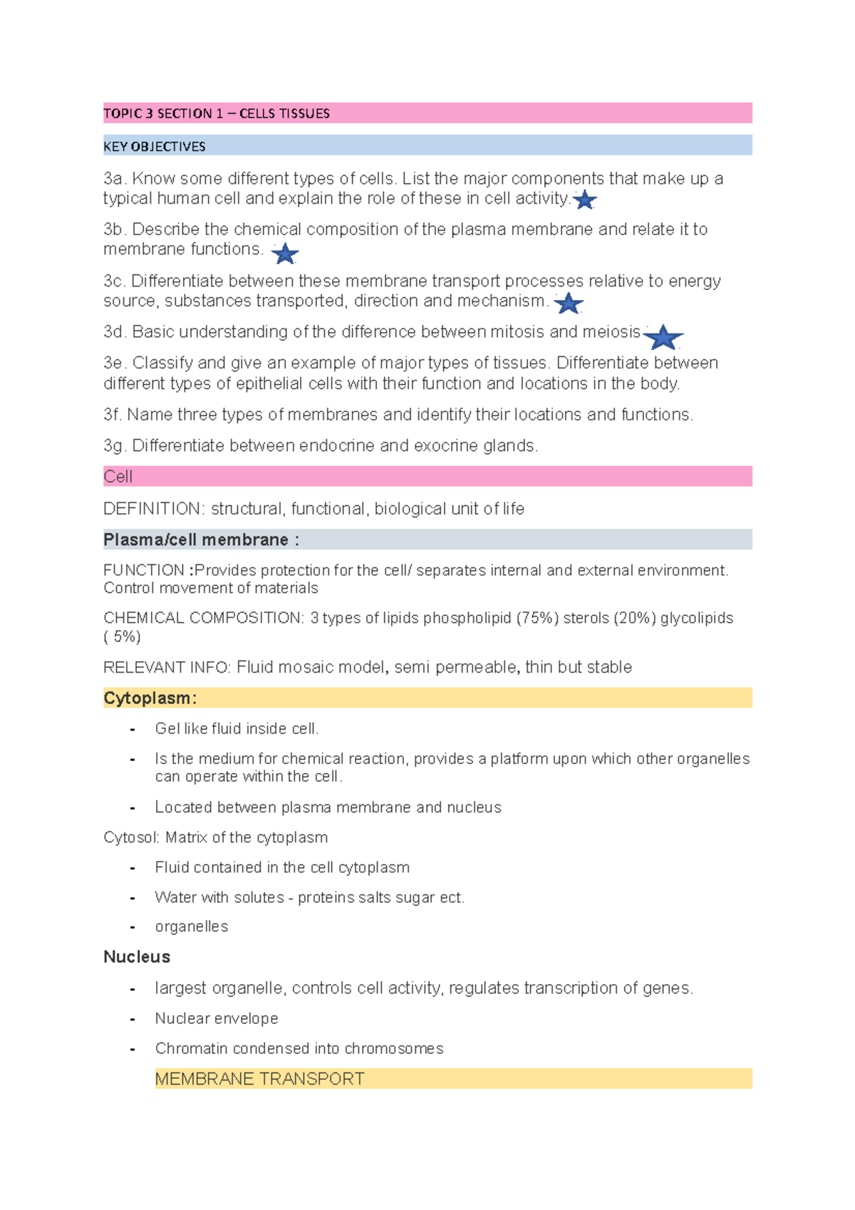 Topic 3 Human BODY - TOPIC 3 SECTION 1 – CELLS TISSUES KEY OBJECTIVES ...