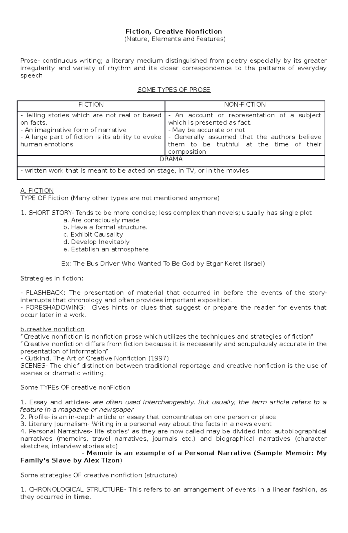 Handout for Fiction CNF - Fiction, Creative Nonfiction (Nature ...
