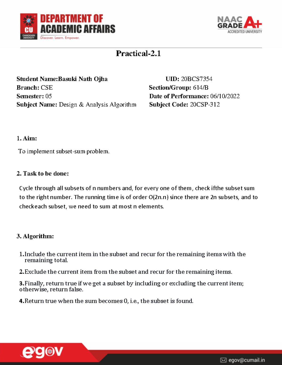 DAA EXP2.1 by 20BCS7354 - Practical-2. Student Name:Basuki Nath Ojha UID: 20BCS Branch: CSE ...