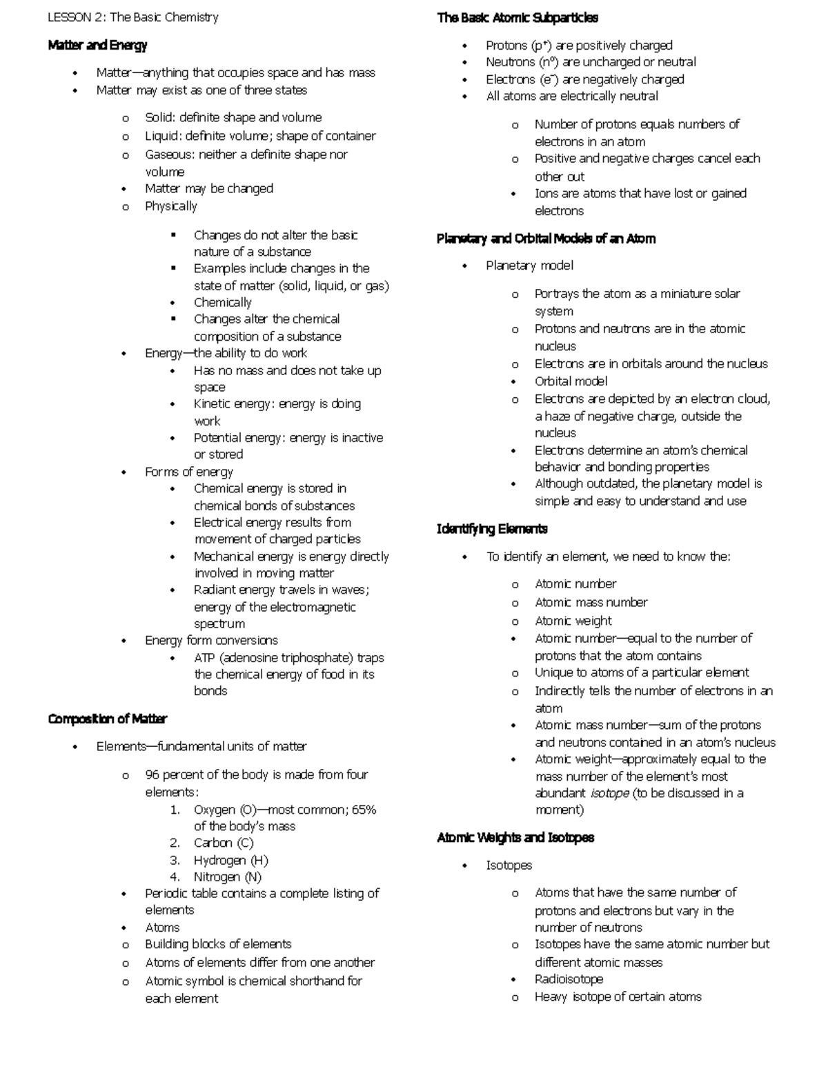 CHAP2 Basic Chemistry - Lecture notes 2 - LESSON 2: The Basic Chemistry ...
