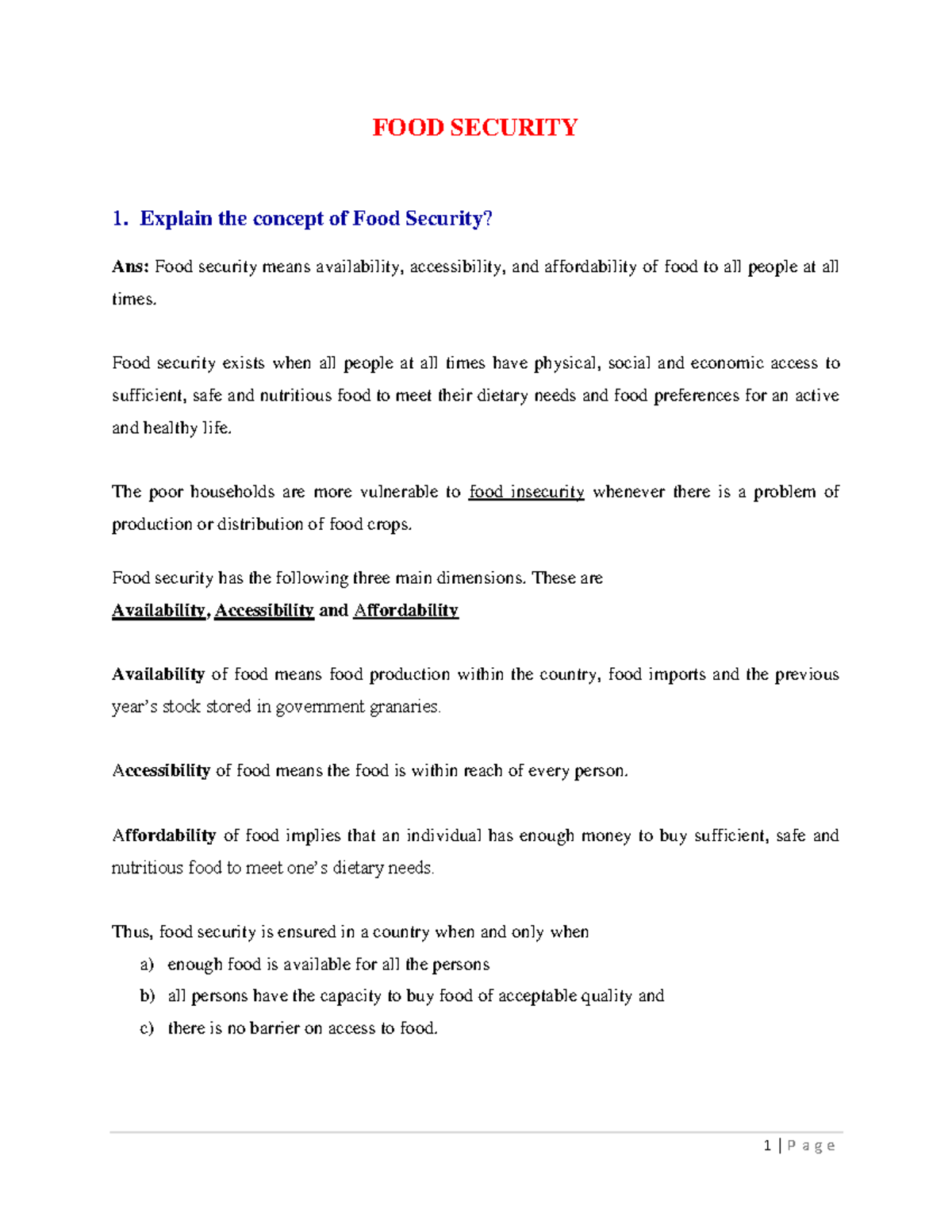 Indian Economy-Food Security - FOOD SECURITY 1. Explain the concept of ...