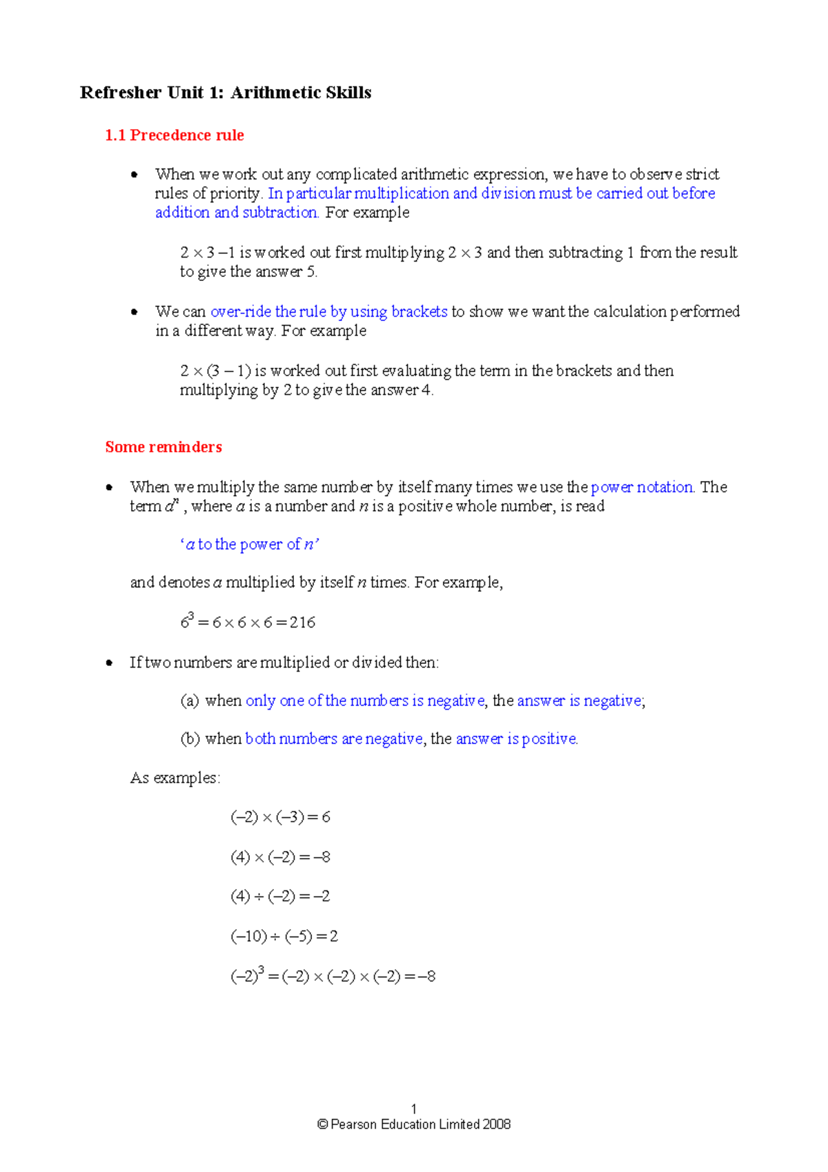 Week1 Material - Refresher Unit 1: Arithmetic Skills 1 Precedence rule ...