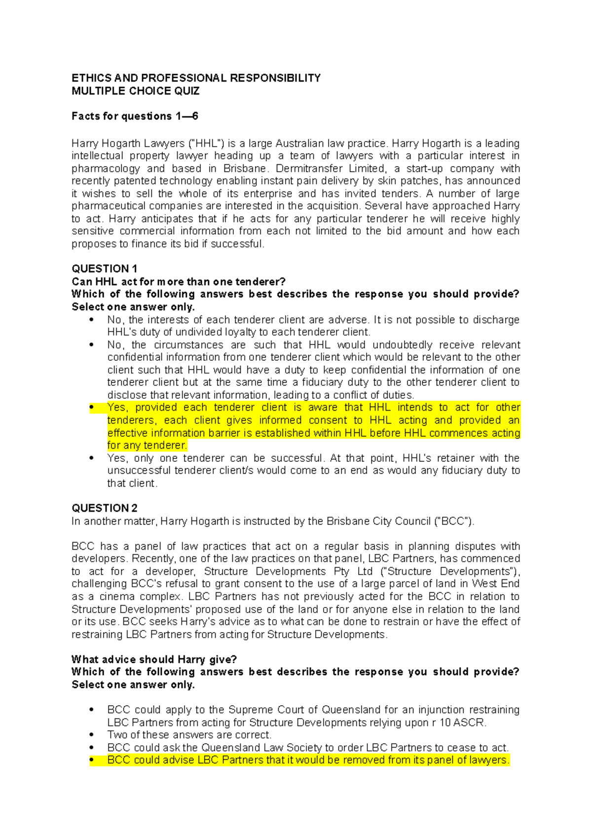 Multiple Choice Quiz - ETHICS AND PROFESSIONAL RESPONSIBILITY MULTIPLE ...
