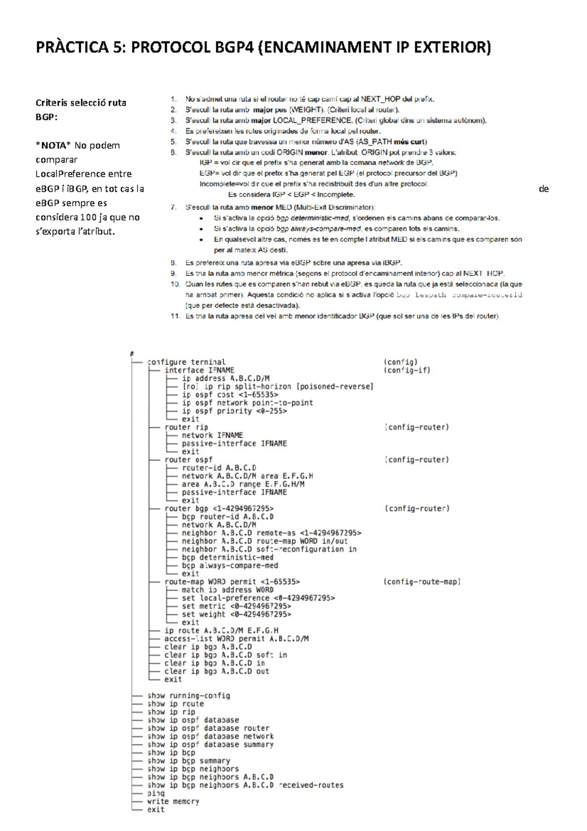 Resum P5 BGP - PRÀCTICA 5: PROTOCOL BGP4 (ENCAMINAMENT IP EXTERIOR) Criteris selecció ruta BGP ...