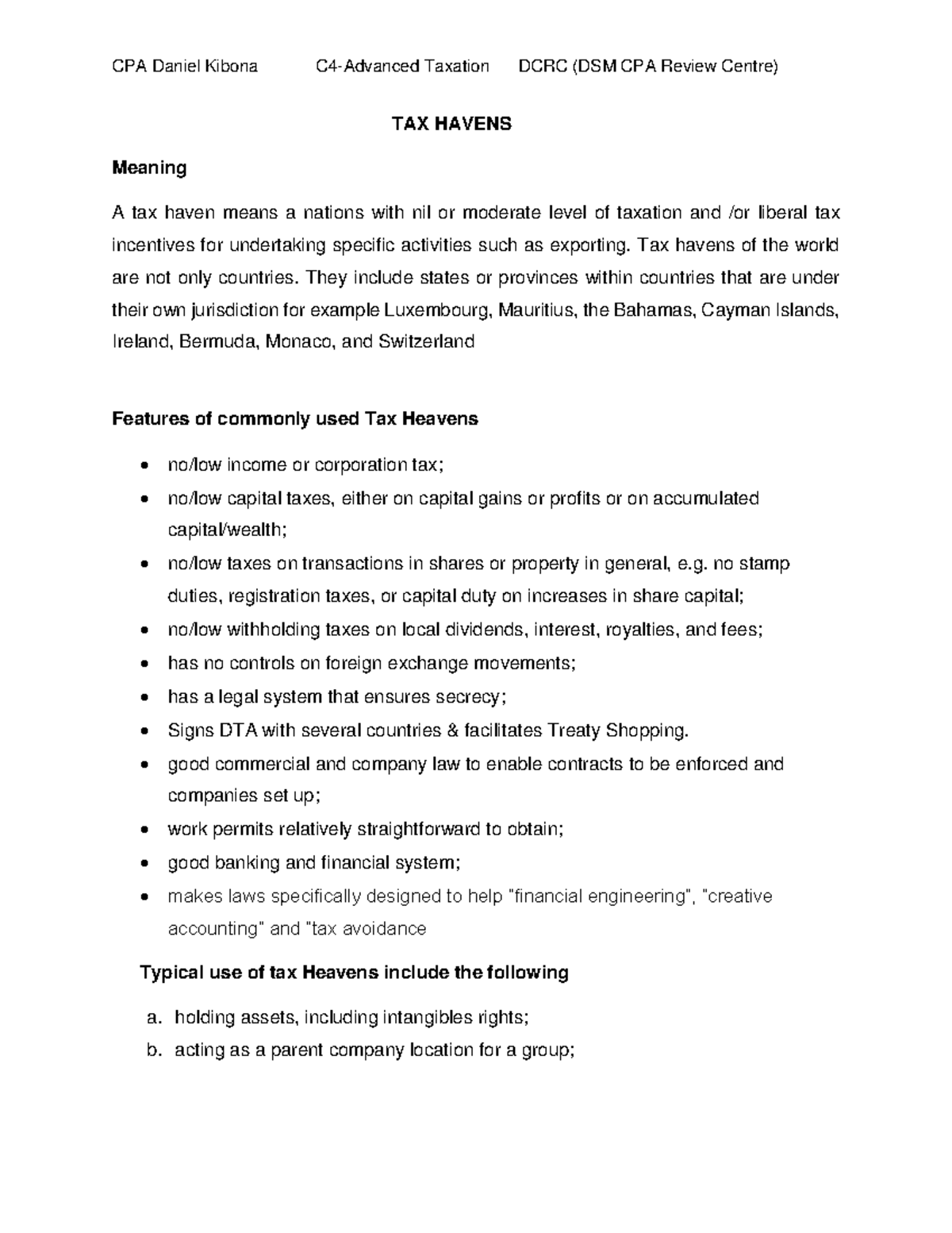 TAX Havens - good notes - TAX HAVENS Meaning A tax haven means a ...