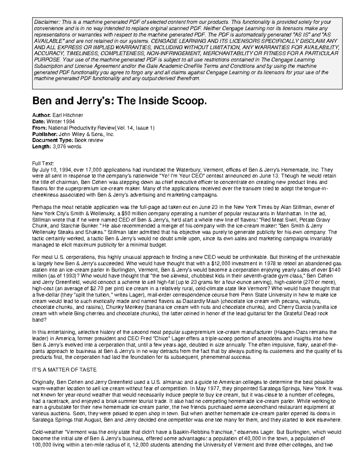 Ben and Jerrys The Inside Scoo - Disclaimer: This is a machine generated PDF of selected content ...