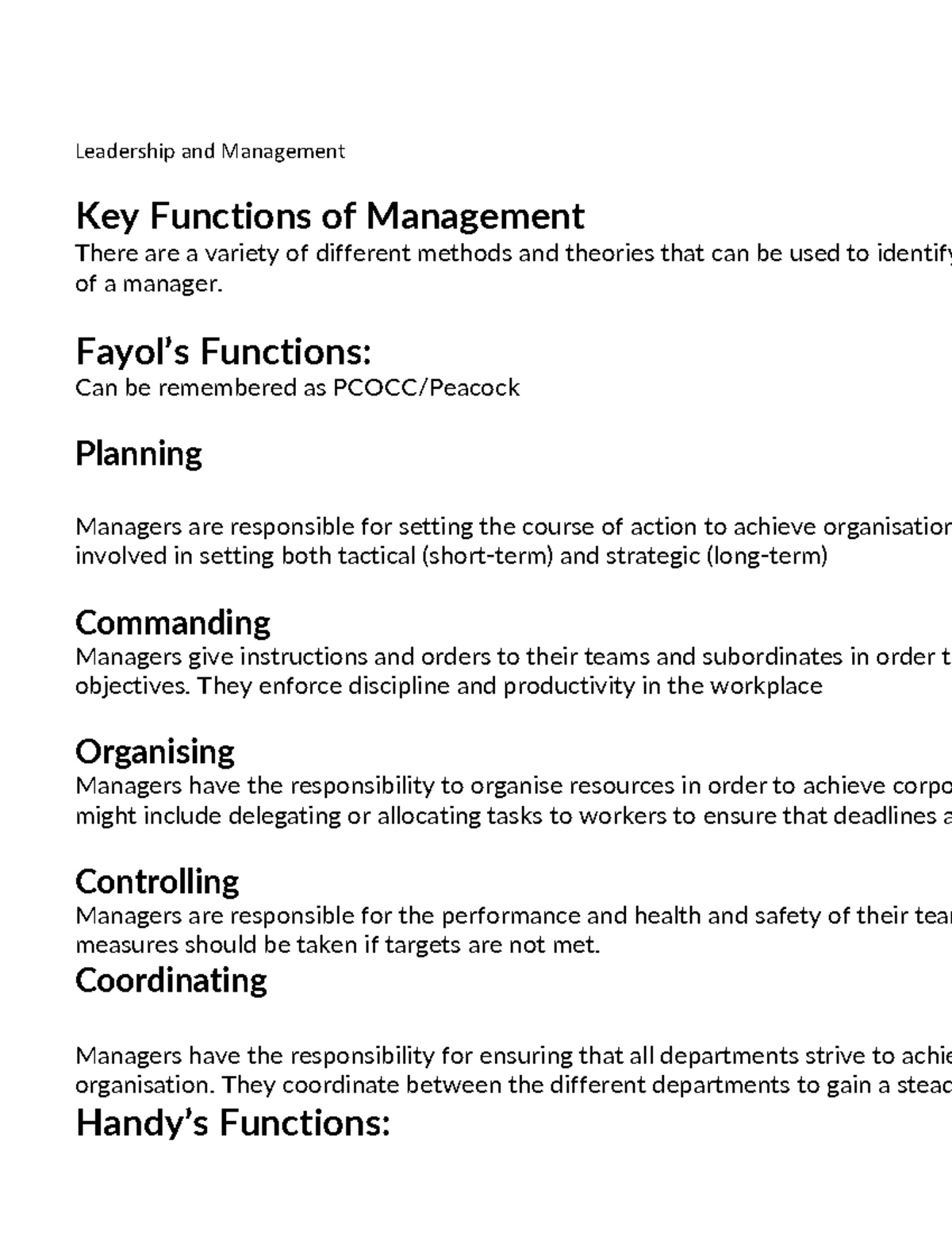 Leadership and Management - Fayol’s Functions: Can be remembered as ...