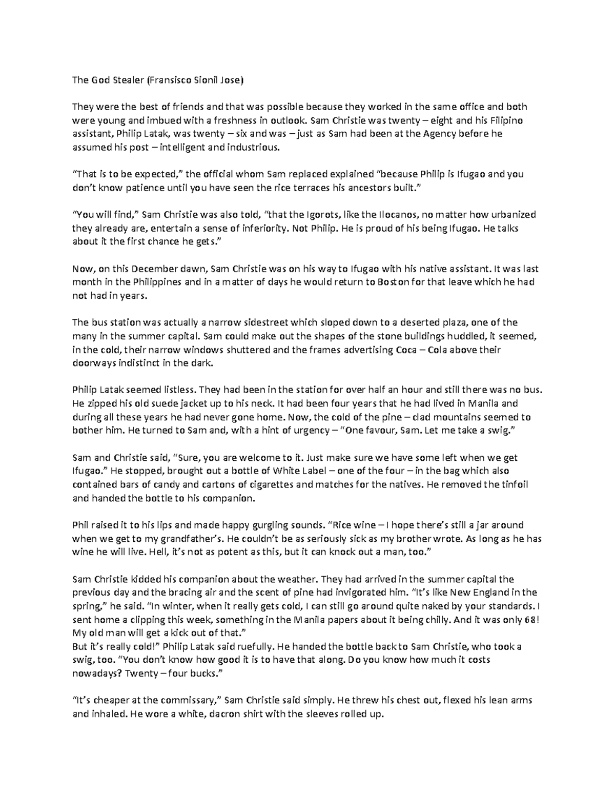 THE GOD Stealer - STORY - The God Stealer (Fransisco Sionil Jose) - Studocu
