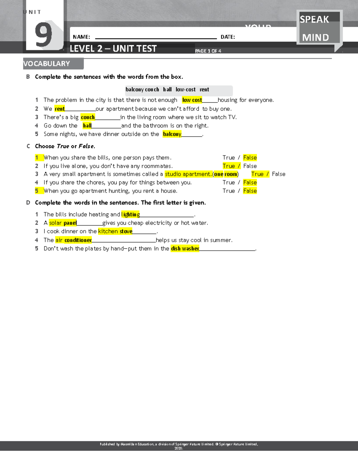 Practice TEST U09 - 9 LEVEL 2 – UNIT TEST PAGE 1 OF 4 NAME: DATE: MIND ...