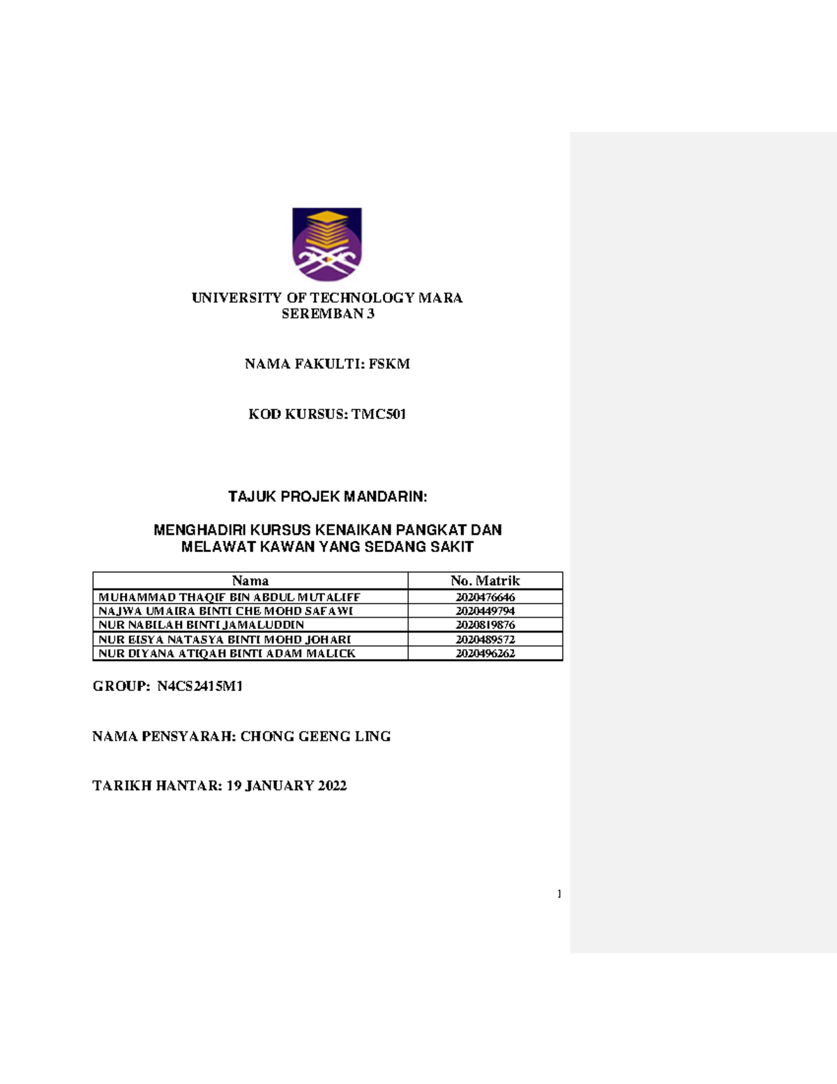 Final Script Roleplay - UNIVERSITY OF TECHNOLOGY MARA SEREMBAN 3 NAMA FAKULTI: FSKM KOD KURSUS ...