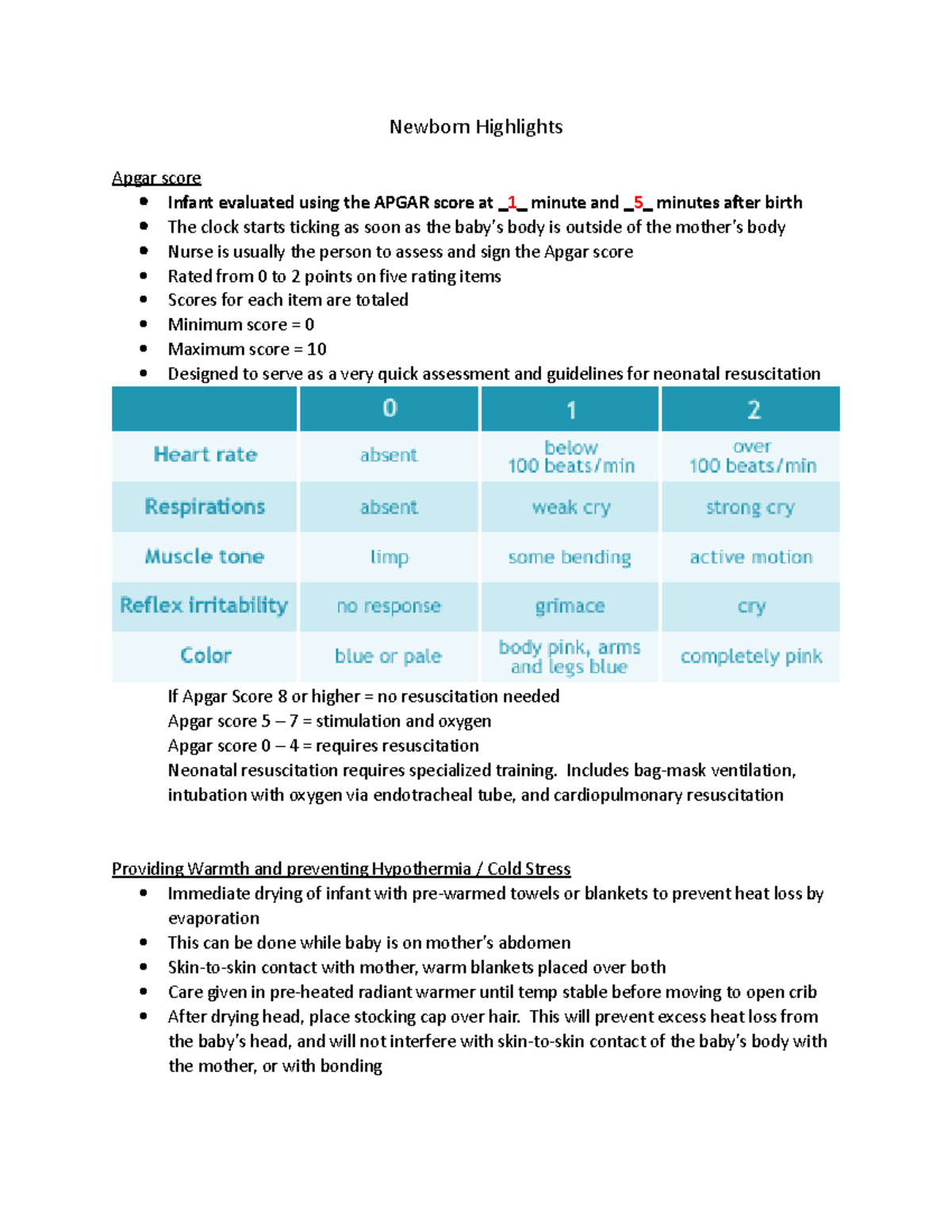 H Newborn Highlights - Newborn Highlights Apgar score Infant evaluated ...