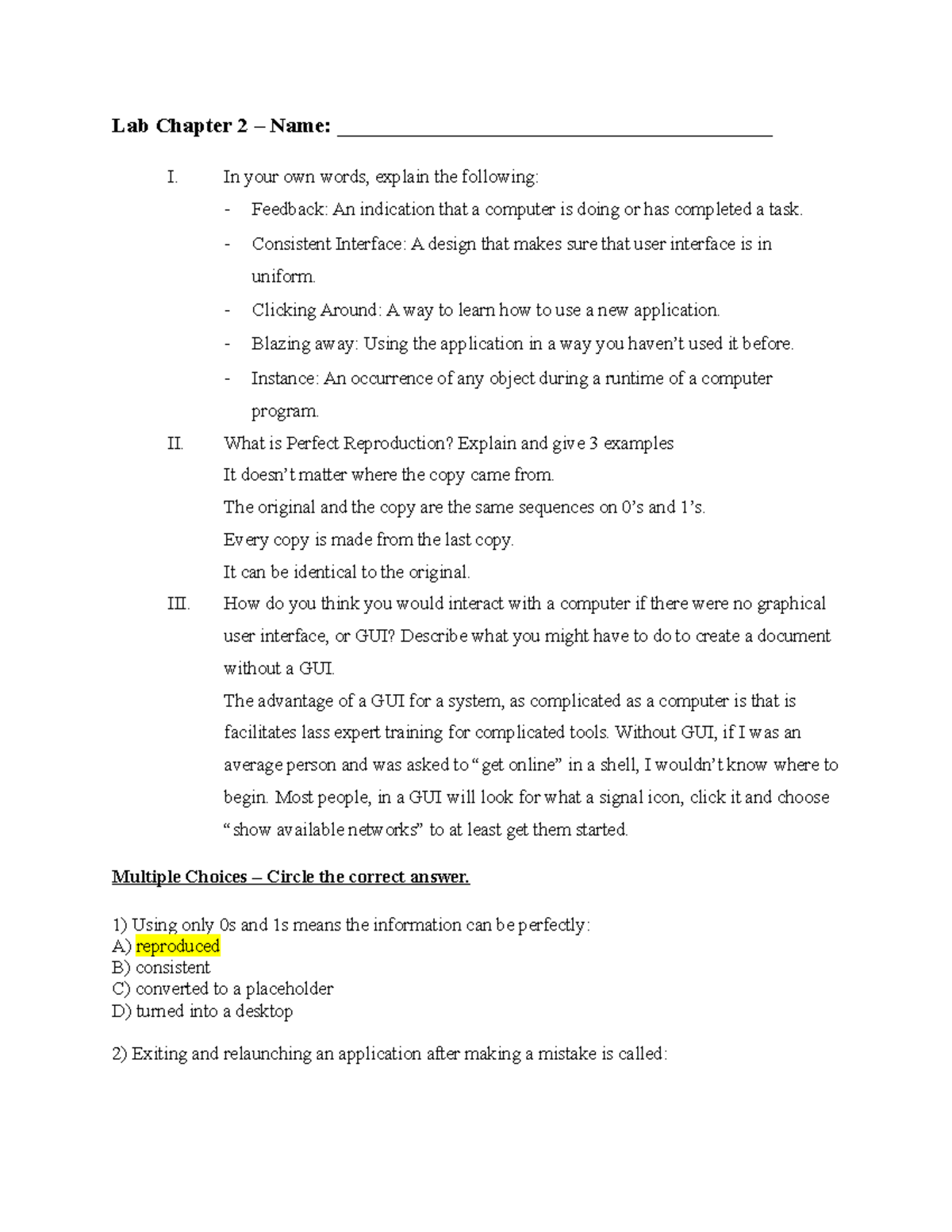 Lab Chapter 2 Completed - Lab Chapter 2 – Name: ________________________________________ I. In ...