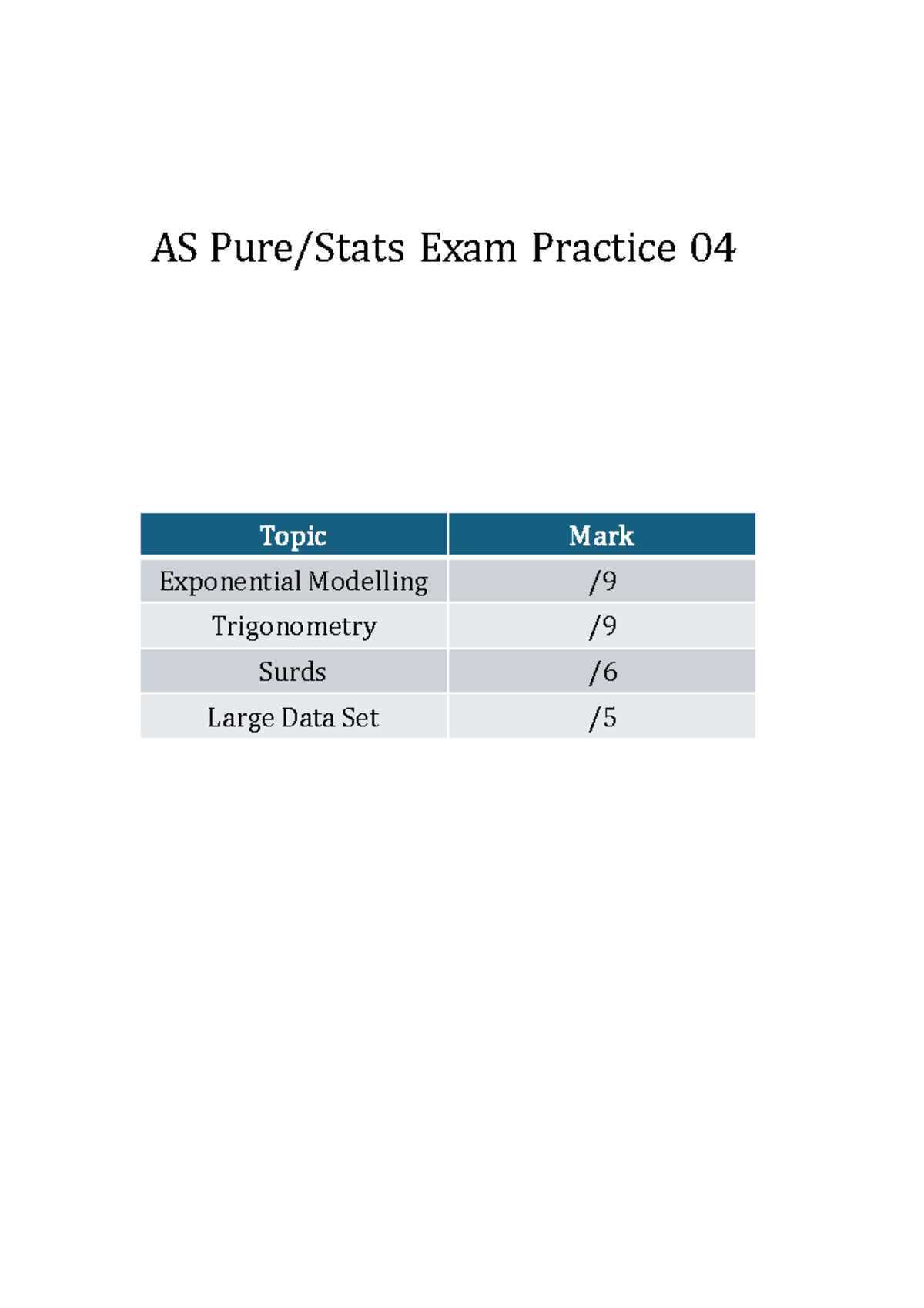 AS Stats Pure Booklet 04 - Topic Mark AS Pure/Stats Exam Practice Exponential Modelling ...