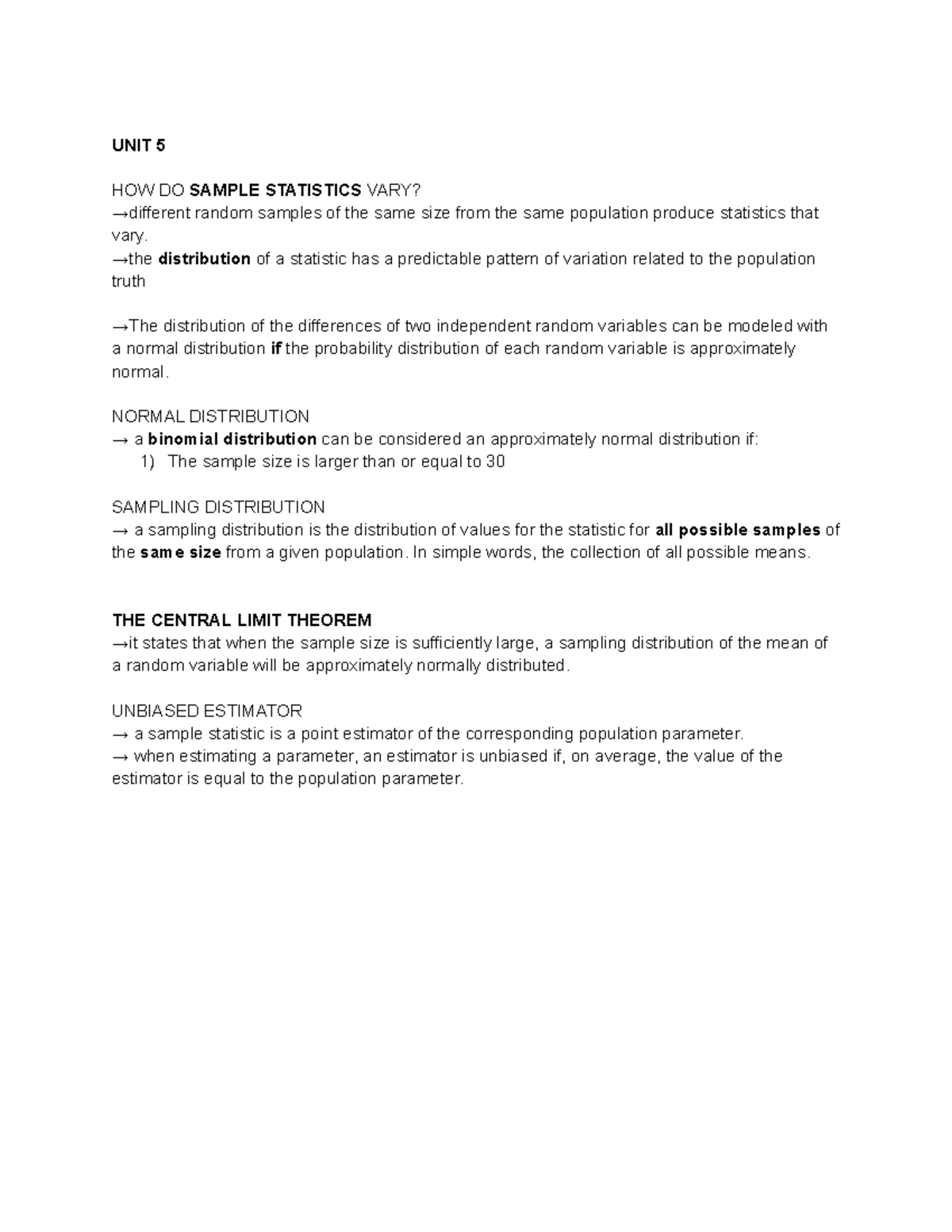 UNIT 5 - Unit5 - UNIT 5 HOW DO SAMPLE STATISTICS VARY? →different ...