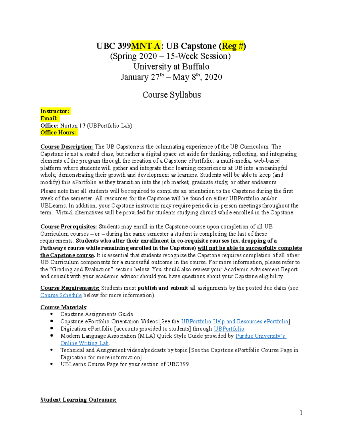 UBC399 Syllabus S20 - Capstone course required for all UB students ...