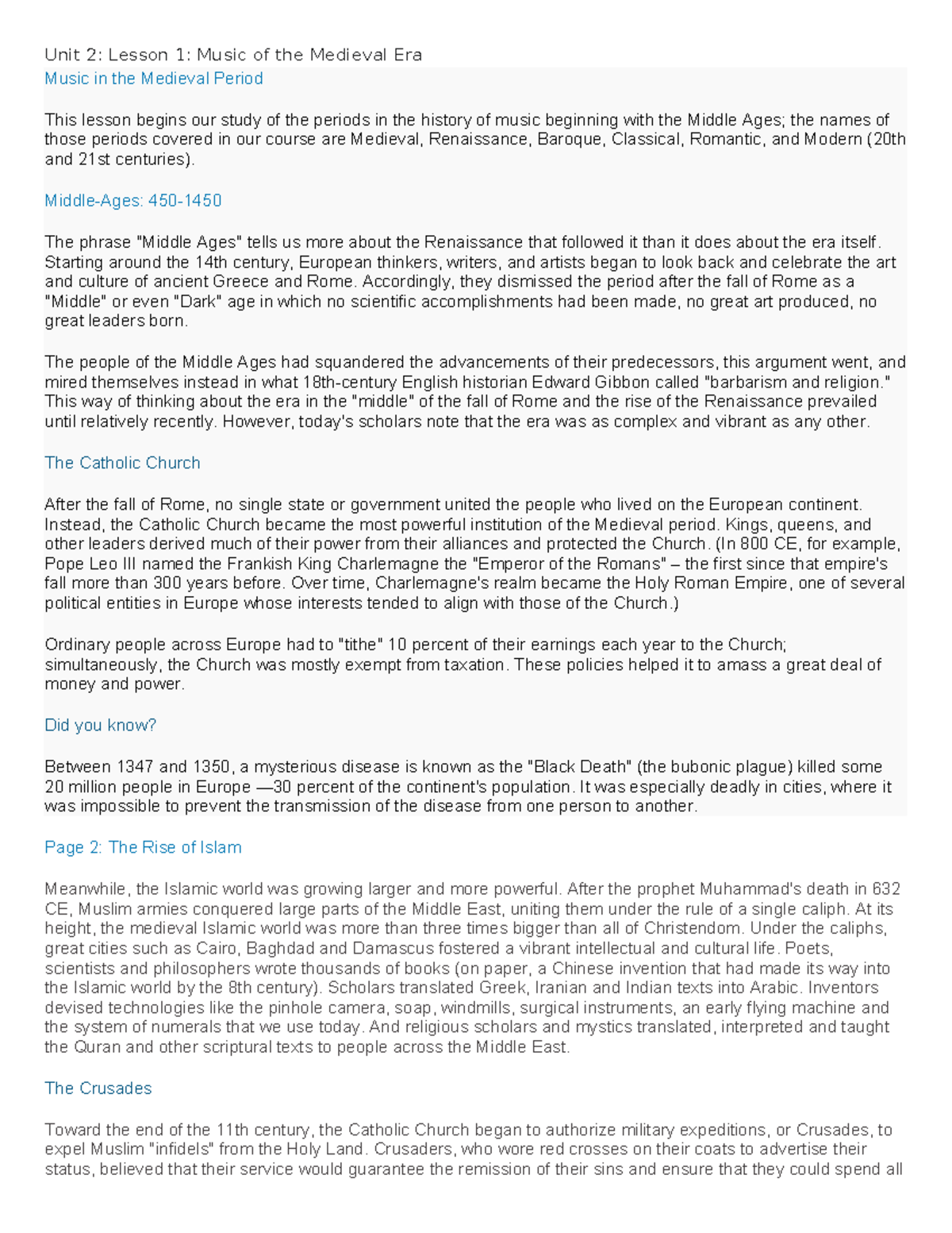 Unit 2- module 1 notes - Unit 2: Lesson 1: Music of the Medieval Era ...