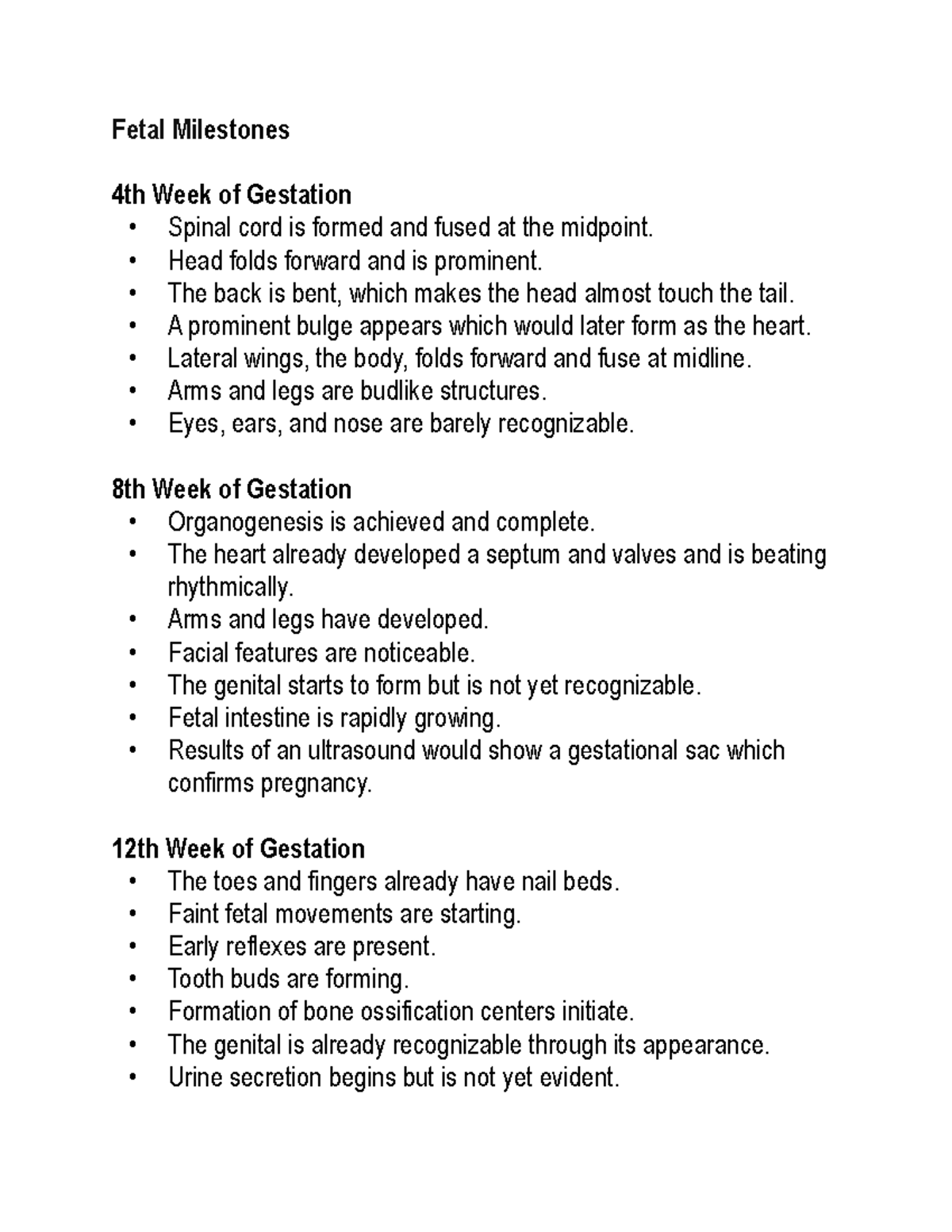 Maternity - Lecture notes 1 - Fetal Milestones 4th Week of Gestation ...