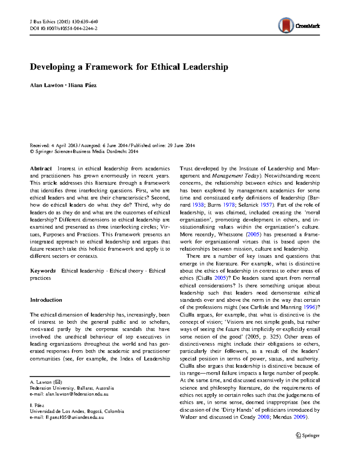 Leadership ethics framework - Developing a Framework for Ethical ...