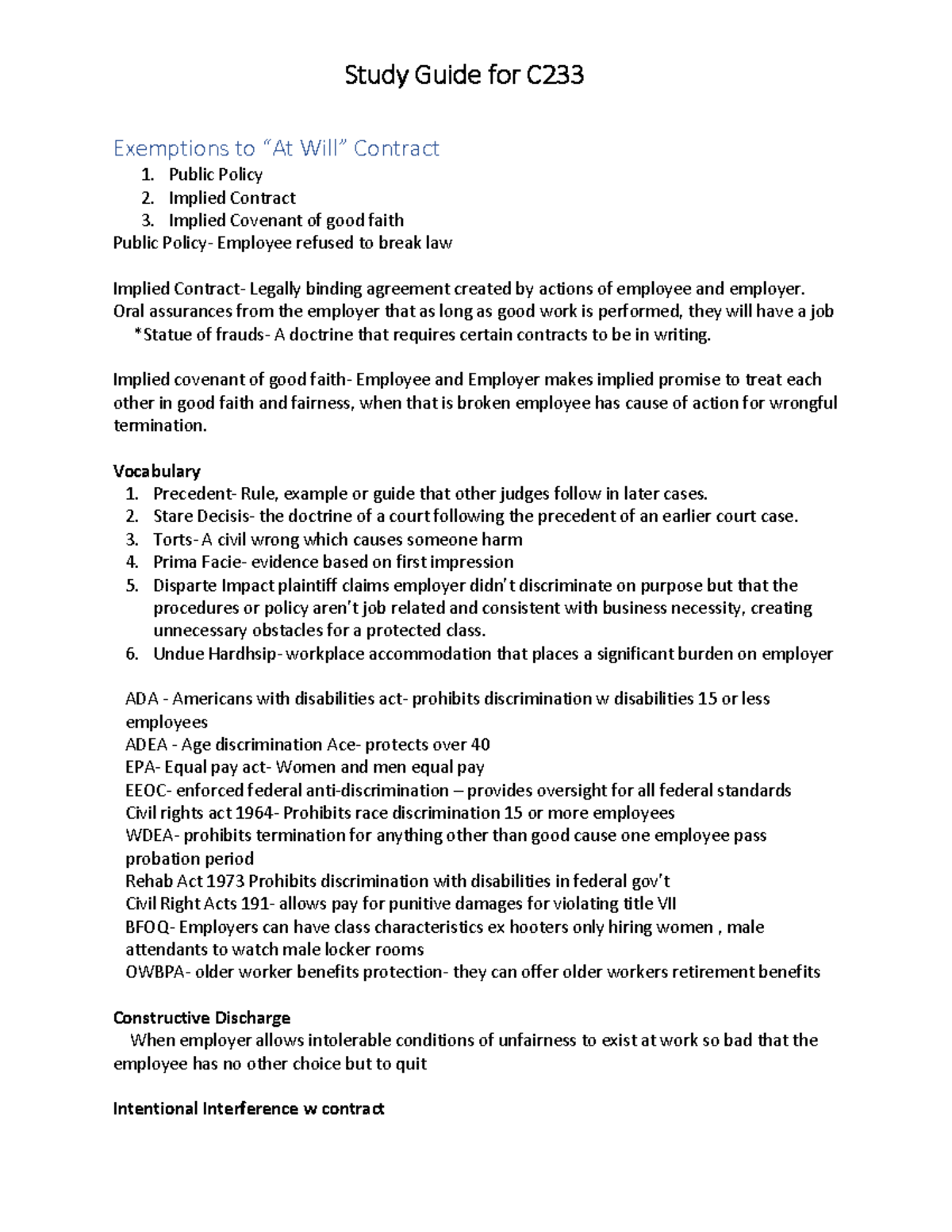 My Study Guide copy - Study Guide for C 233 Exemptions to “At Will ...