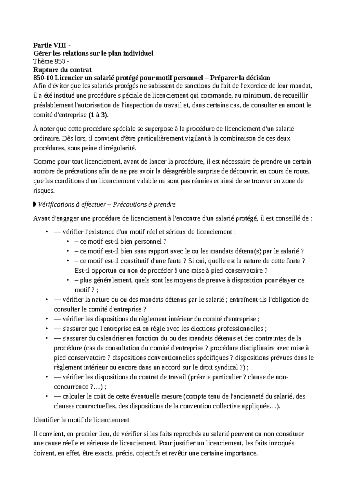 Licenciemt personnel saarié protégé - Droit du travail - Université ...