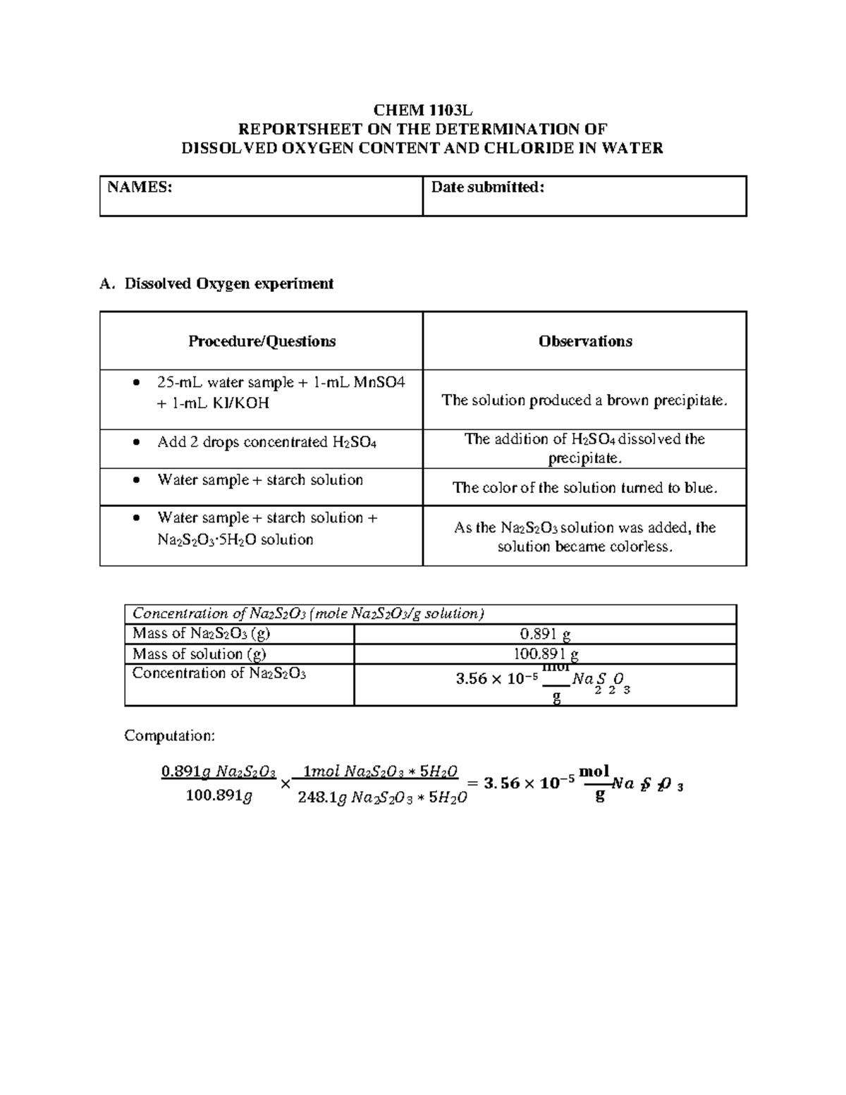 Reportsheet on DO and Chloride analysis - CHEM 1103L REPORTSHEET ON THE ...