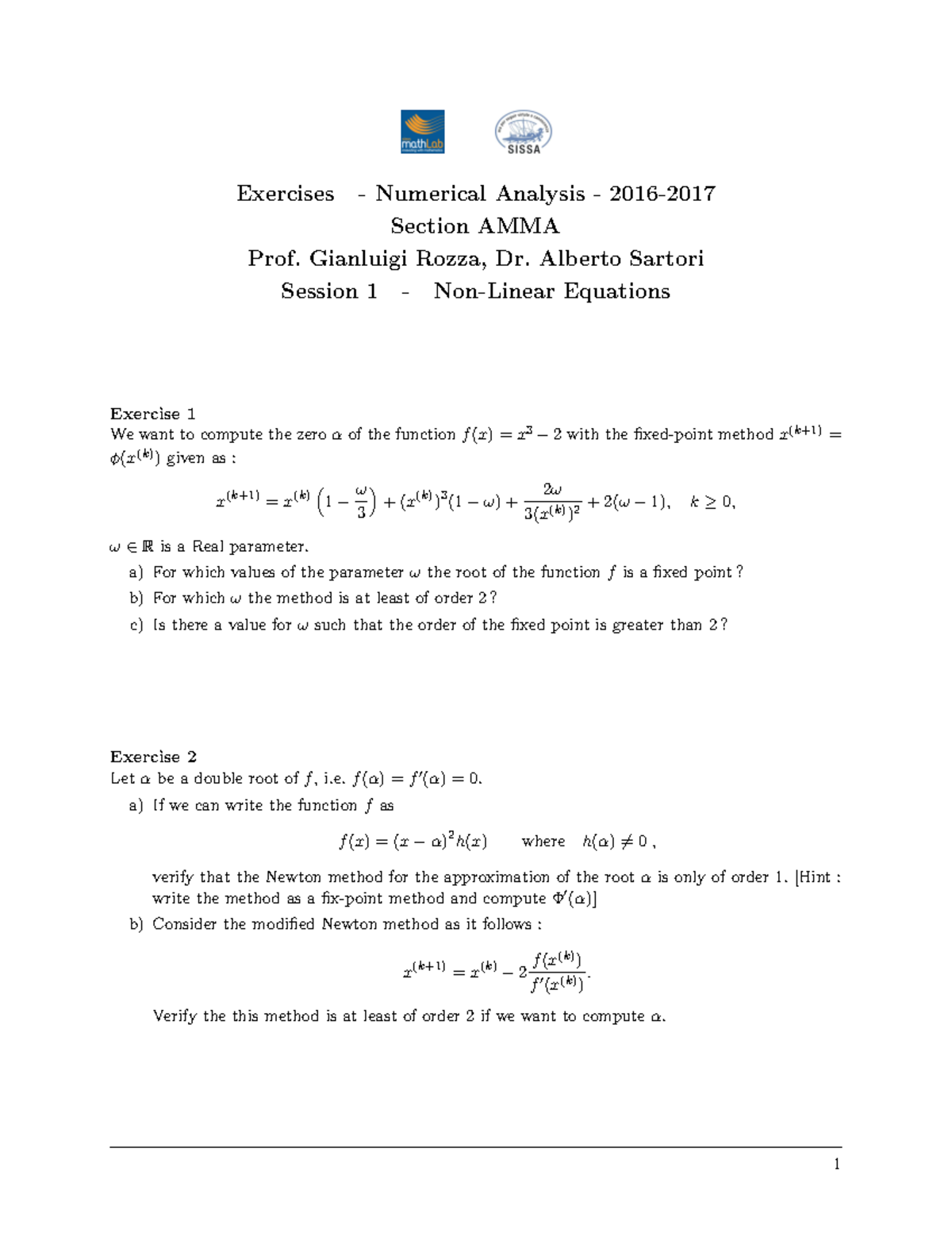 Nonlinear equations (Numerical Analysis) - Exercises - Numerical ...