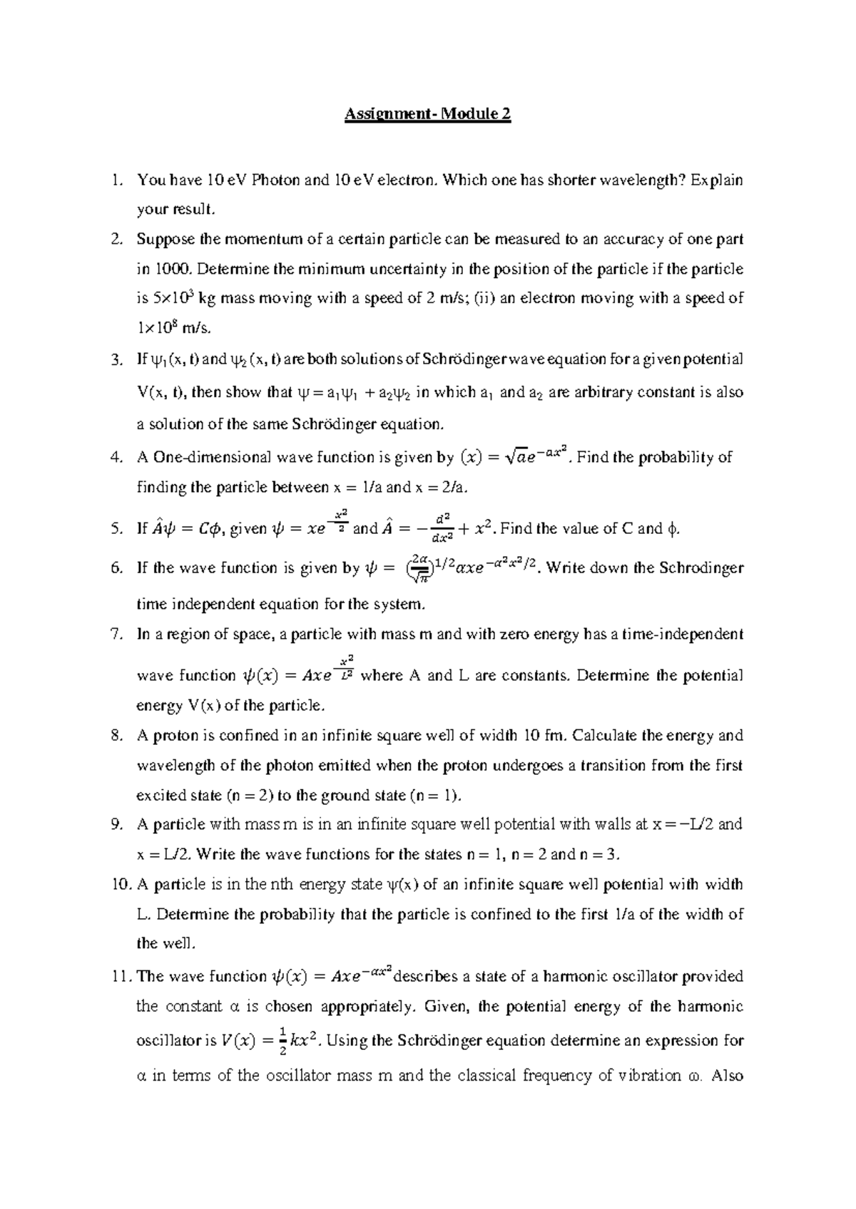 Pratice qn quantum mechanics engineering physics - Assignment- Module 2 ...